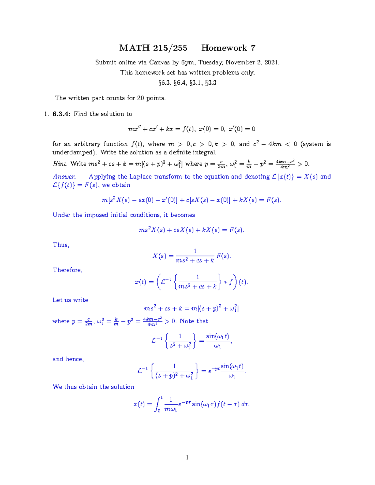 H7 215255 2021 soln - Solution for hw7 for math 255 - MATH 215/255 ...