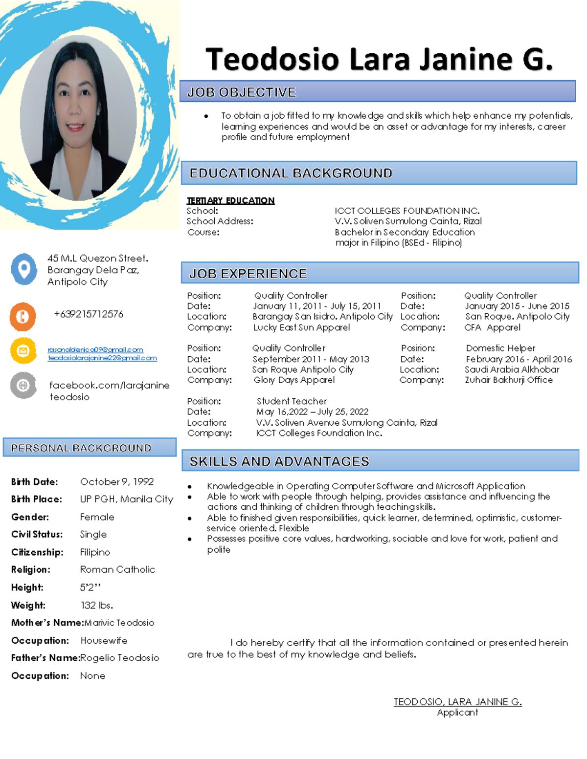 Teodosio, LARA Janine- Resume 2 - To obtain a job fitted to my ...