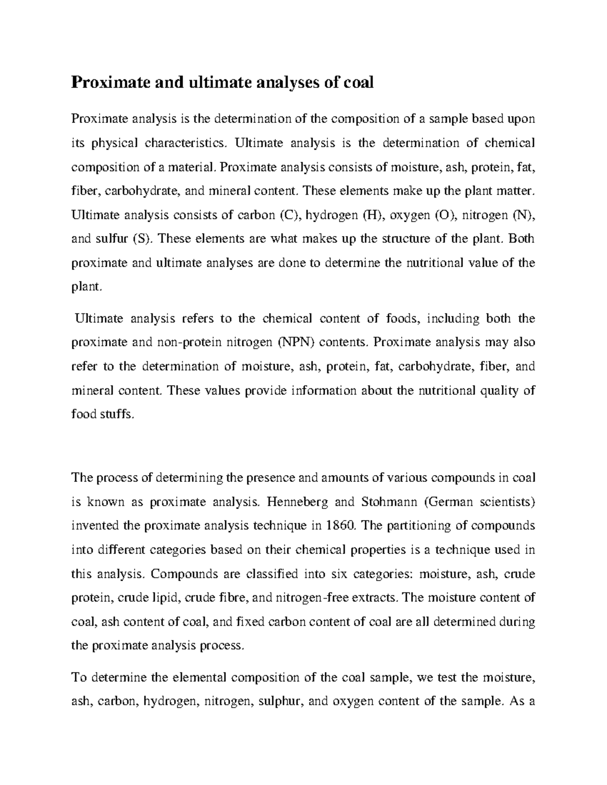 The Proximate And Ultimate Analyses Of Coal Proximate And Ultimate