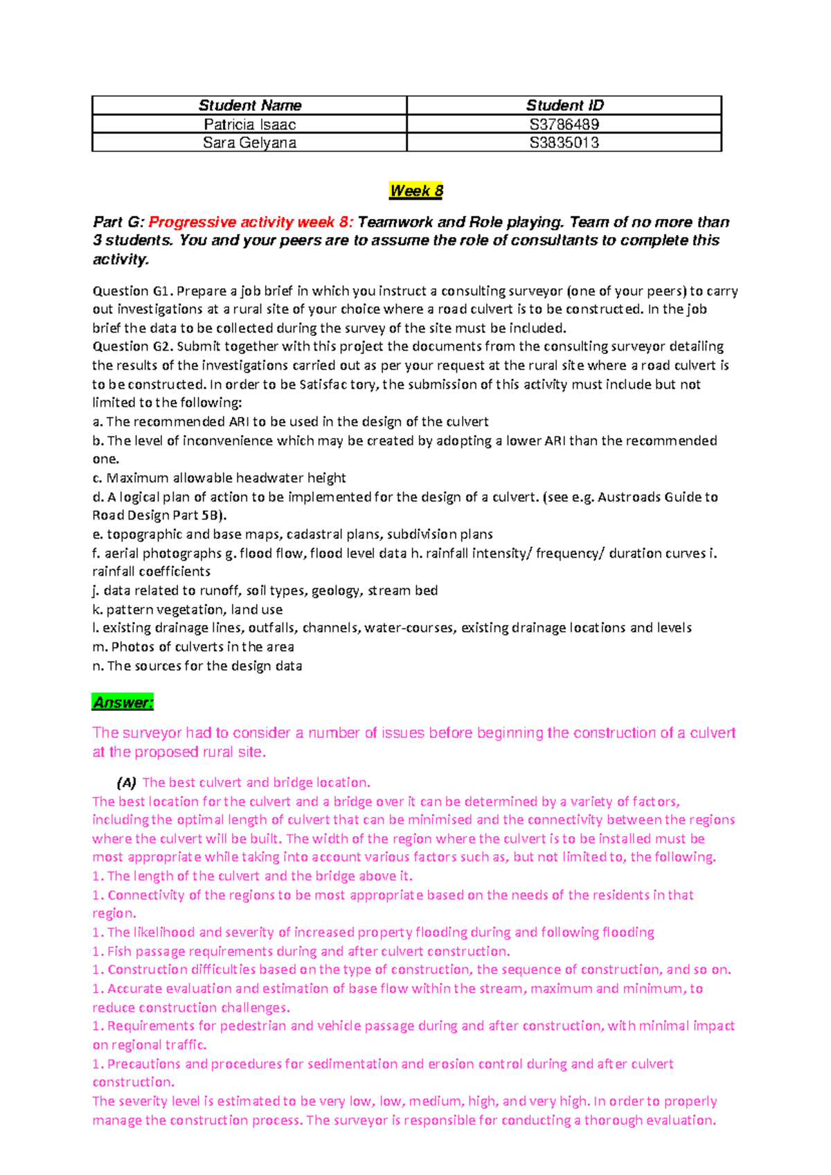 Week8Patricia - Produce an engineering design for drainage pipes and culverts CIVE7791 - Student ...