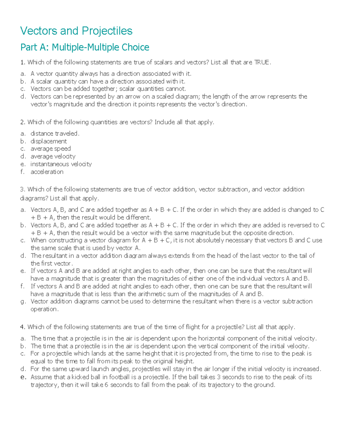 Vectors and Projectiles 2024 - Vectors and Projectiles Part A: Multiple ...