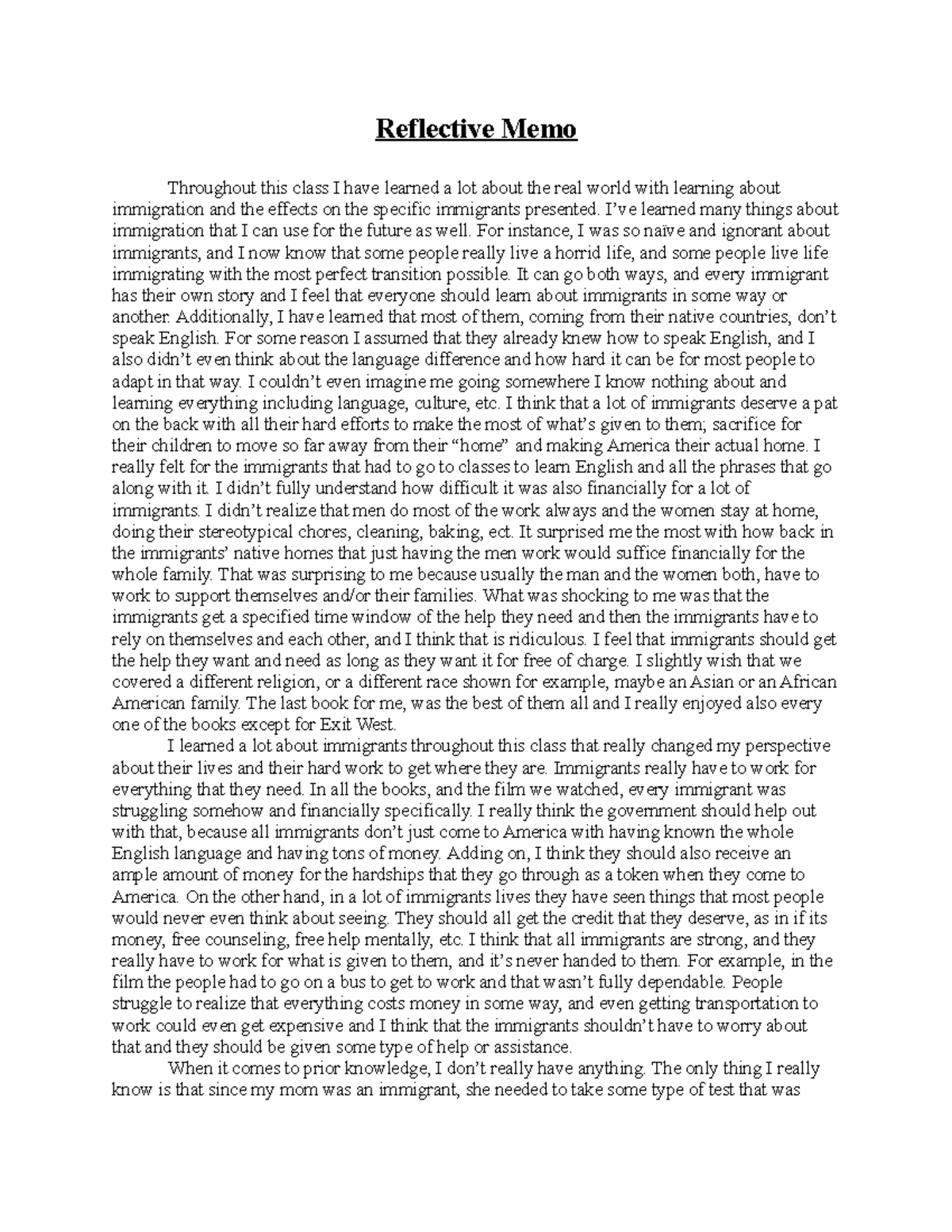 Reflective Memo - Reflective Memo Throughout this class I have learned ...