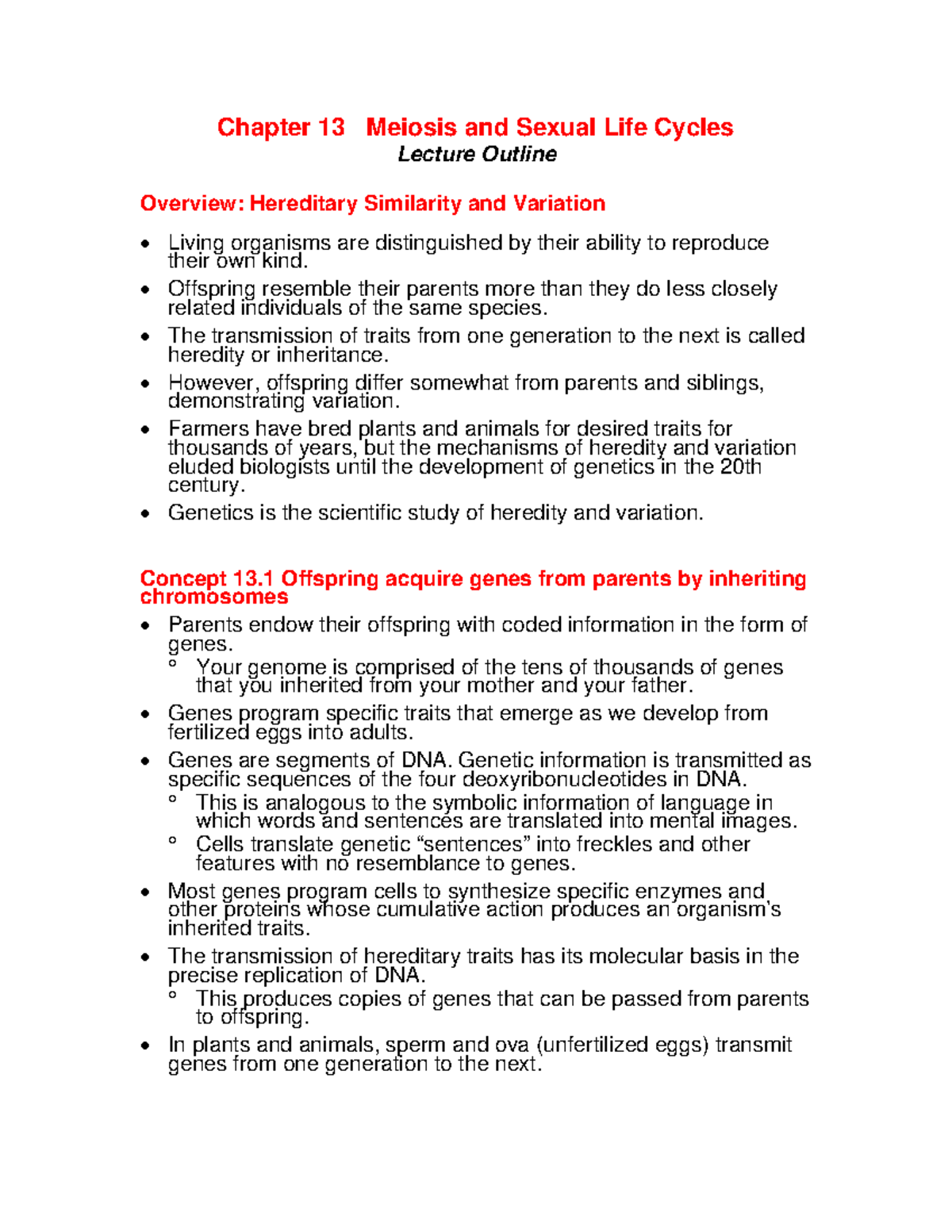 Chapter 13 outline - biology 101 lecture notes - Chapter 13 Meiosis and ...