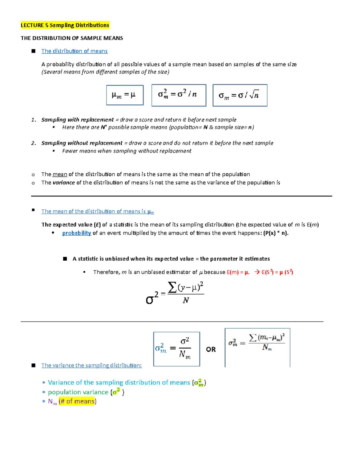 Midterm 2 Review - Summary Statistical Analysis I - LECTURE 5 Sampling ...