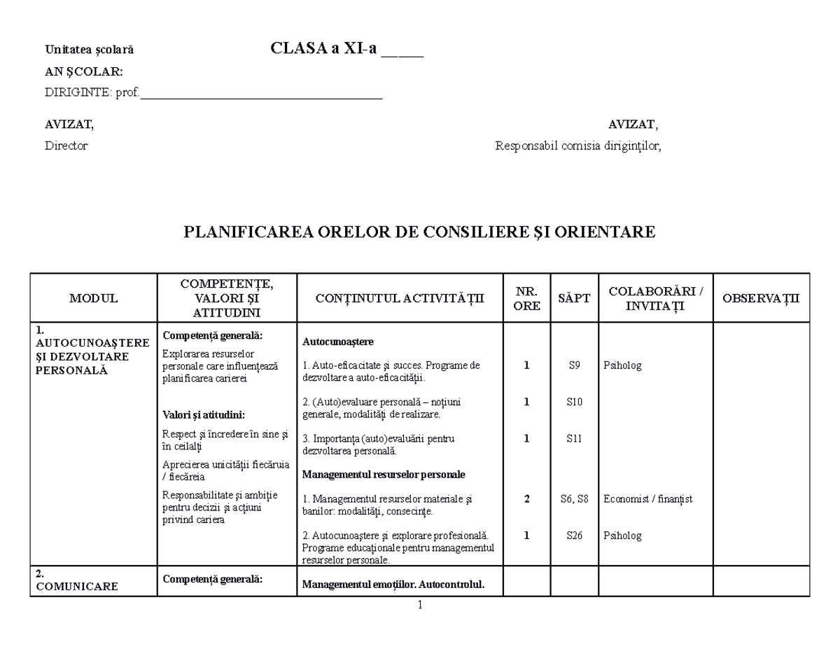 Planificare dirigentie cls11 - AN ŞCOLAR: DIRIGINTE: prof