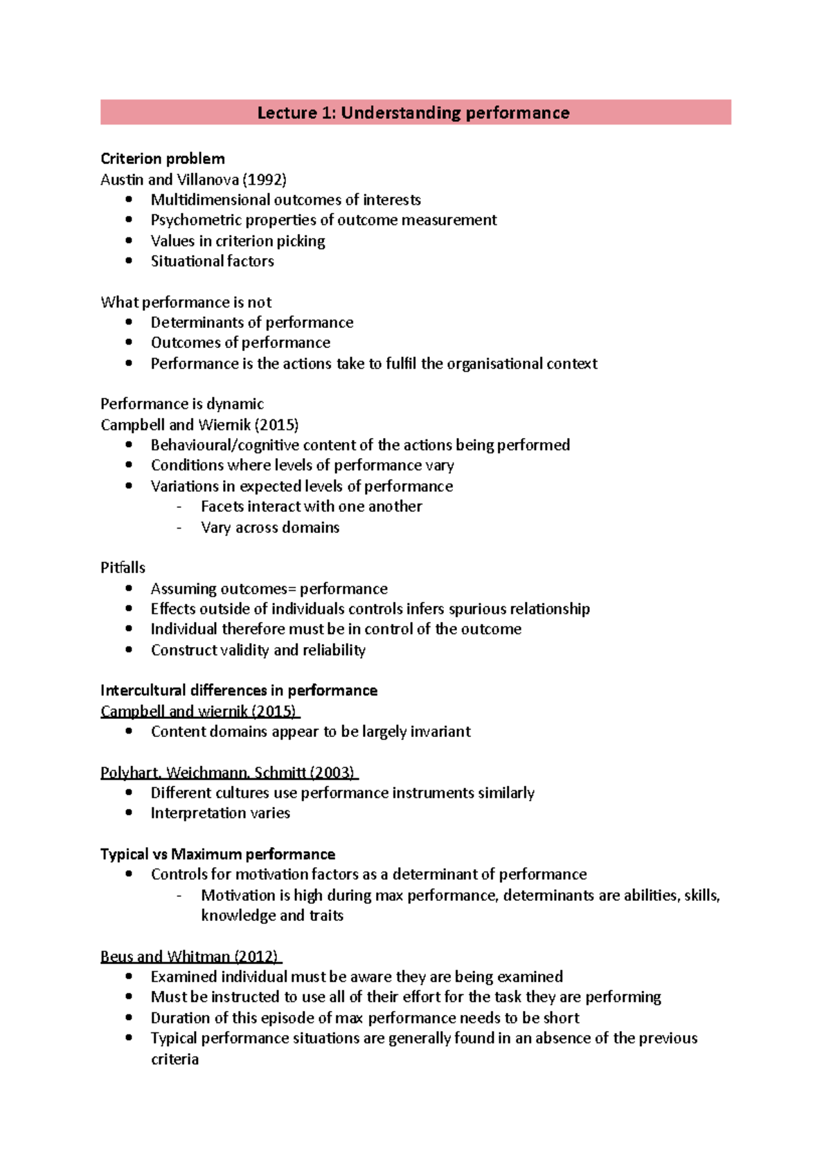 Psy391 lecture 1 - notes - Lecture 1: Understanding performance ...