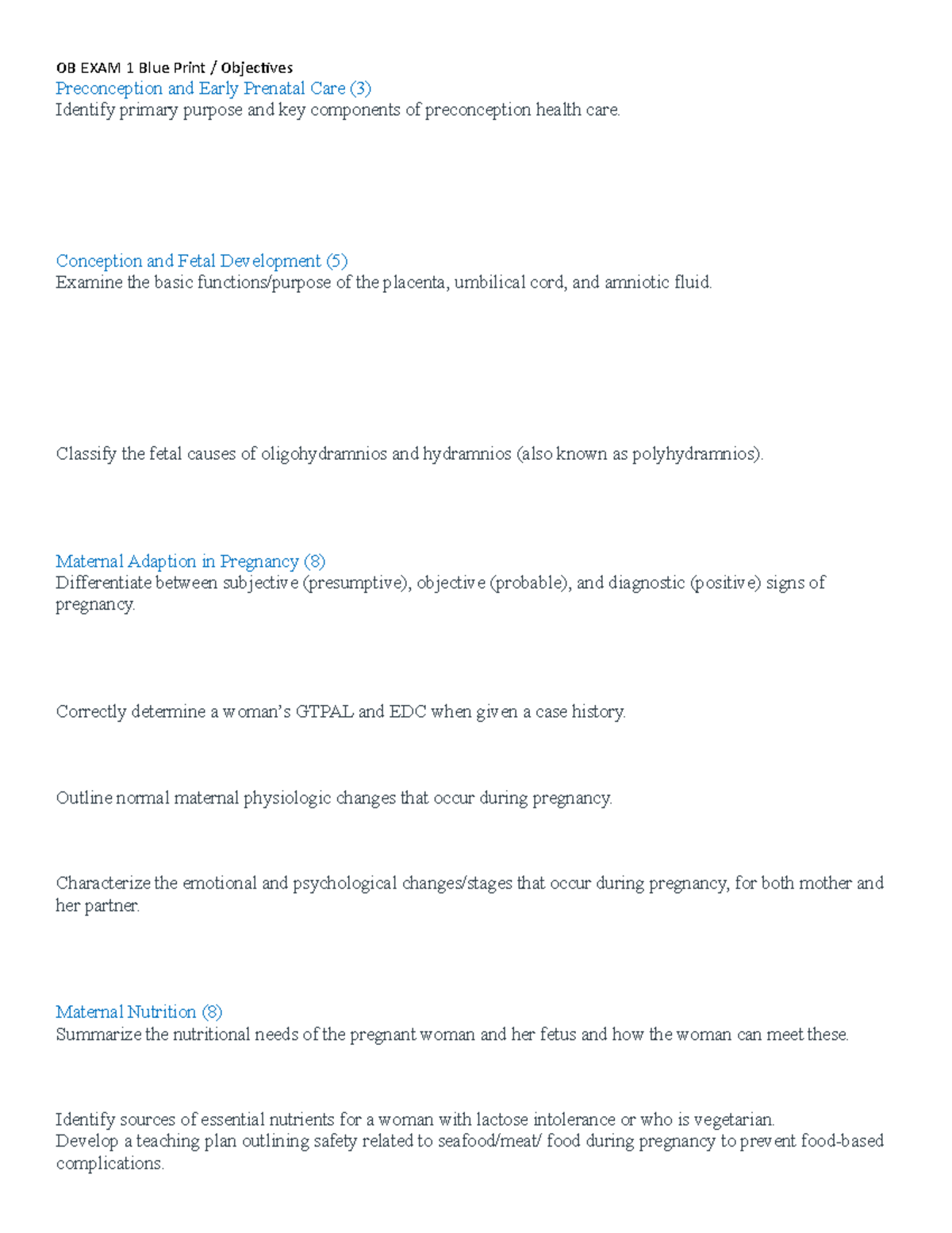 Exam 1 Blueprint Revised FALL 21-1 - OB EXAM 1 Blue Print / Objectives ...