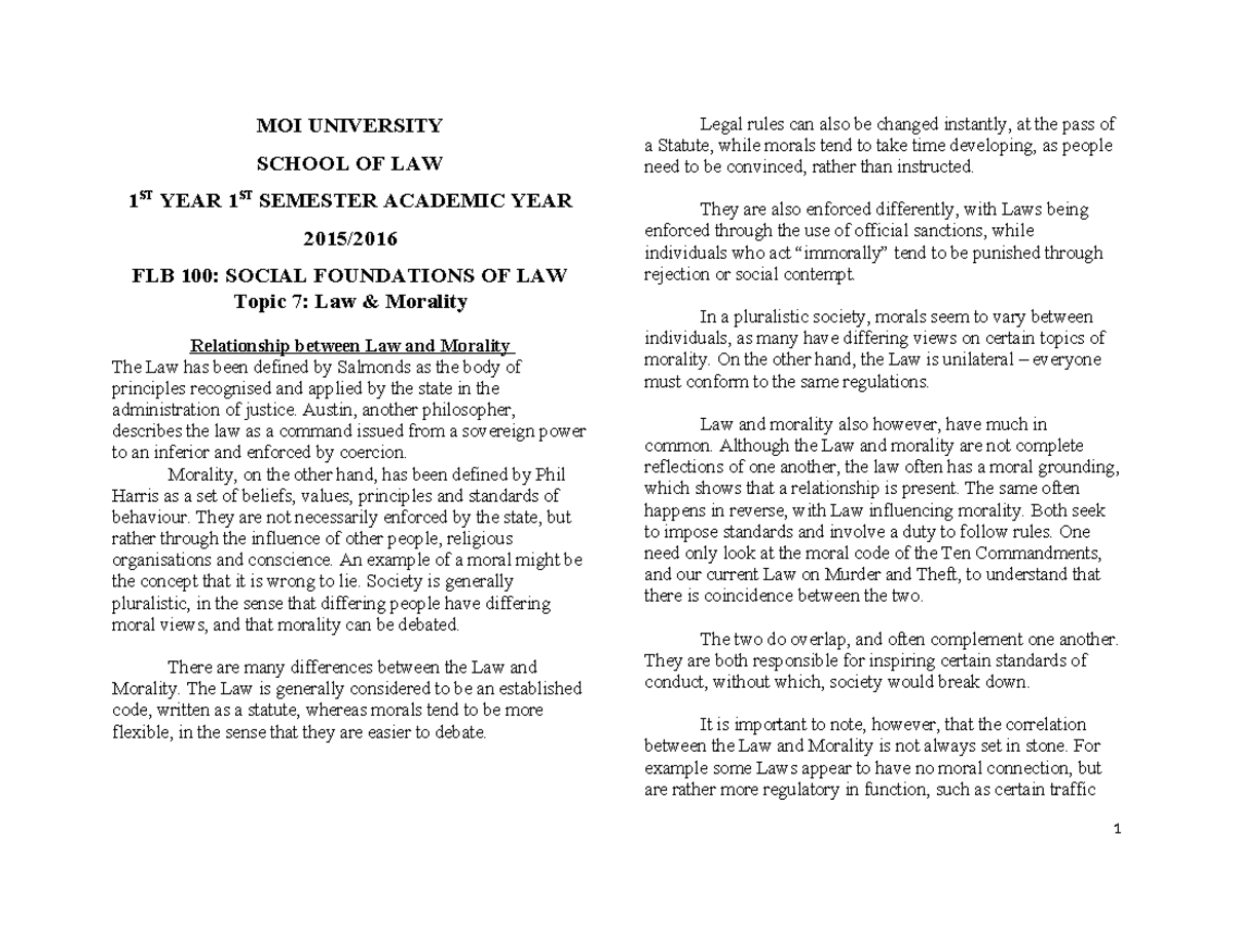 Topic 7 Law & Morality - MOI UNIVERSITY SCHOOL OF LAW 1 ST YEAR 1ST ...