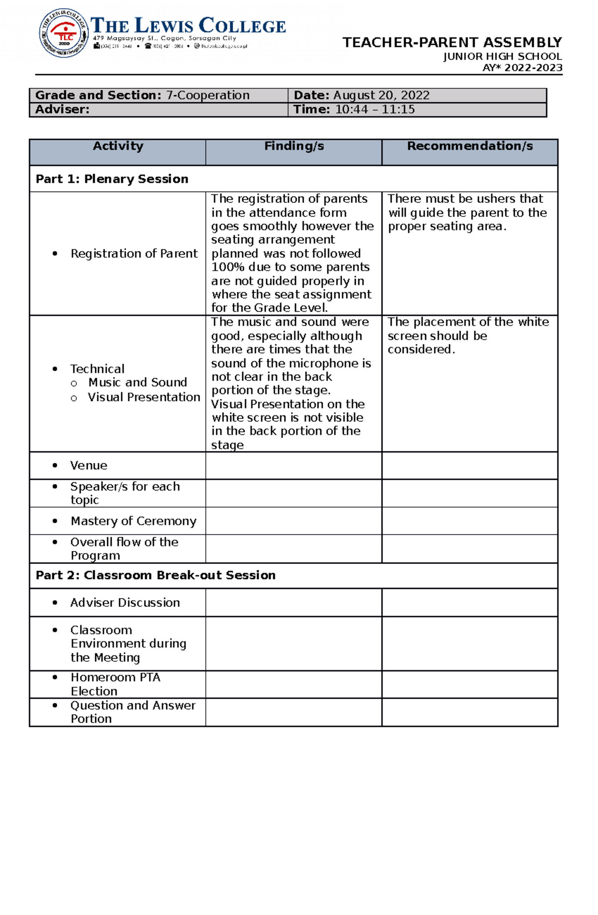 1st Teacher- Parent Assembly - TEACHER-PARENT ASSEMBLY JUNIOR HIGH ...