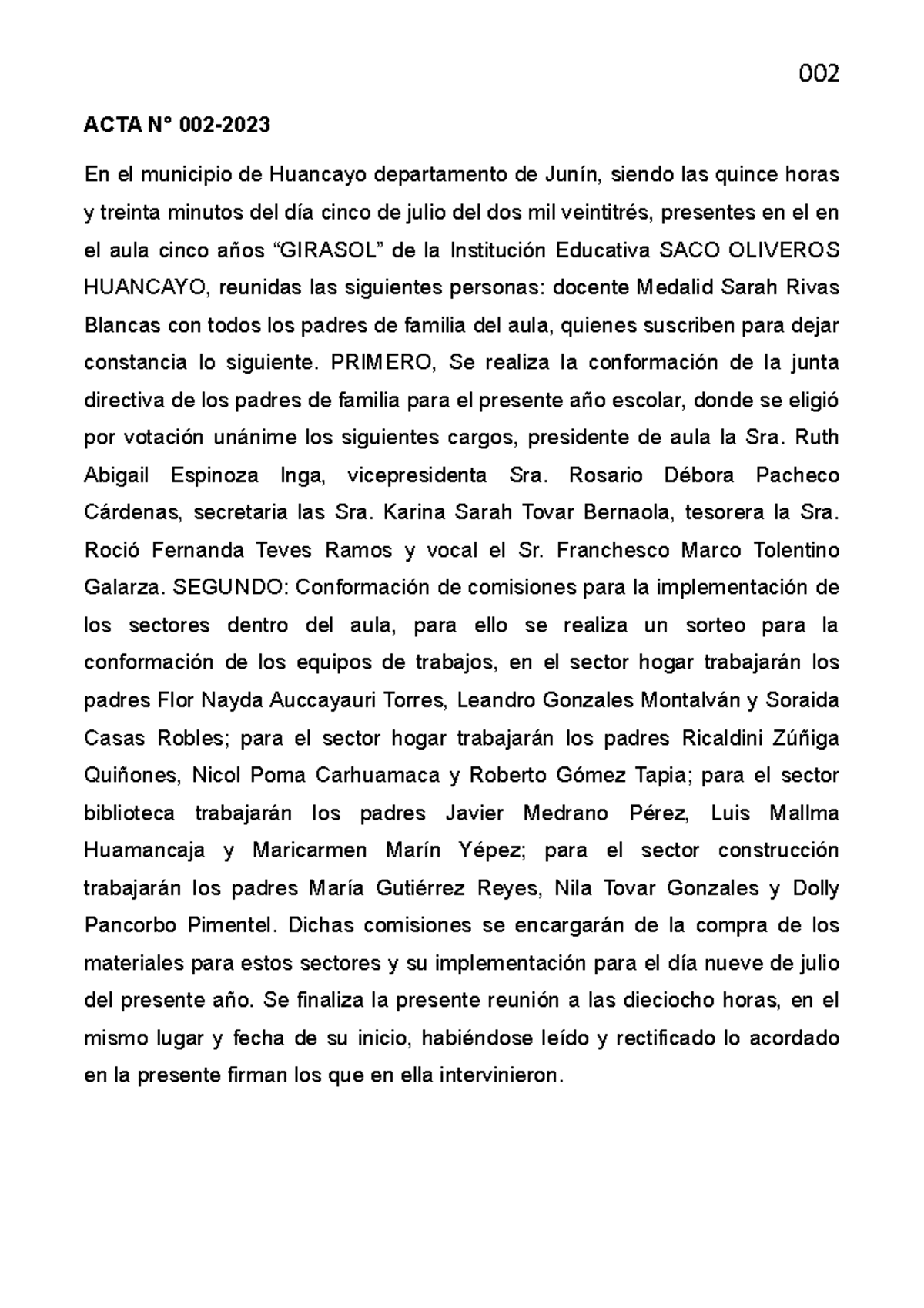 ACTA N° 001 - es lo que puedo subir - 002 ACTA N° 002- En el municipio de Huancayo departamento ...