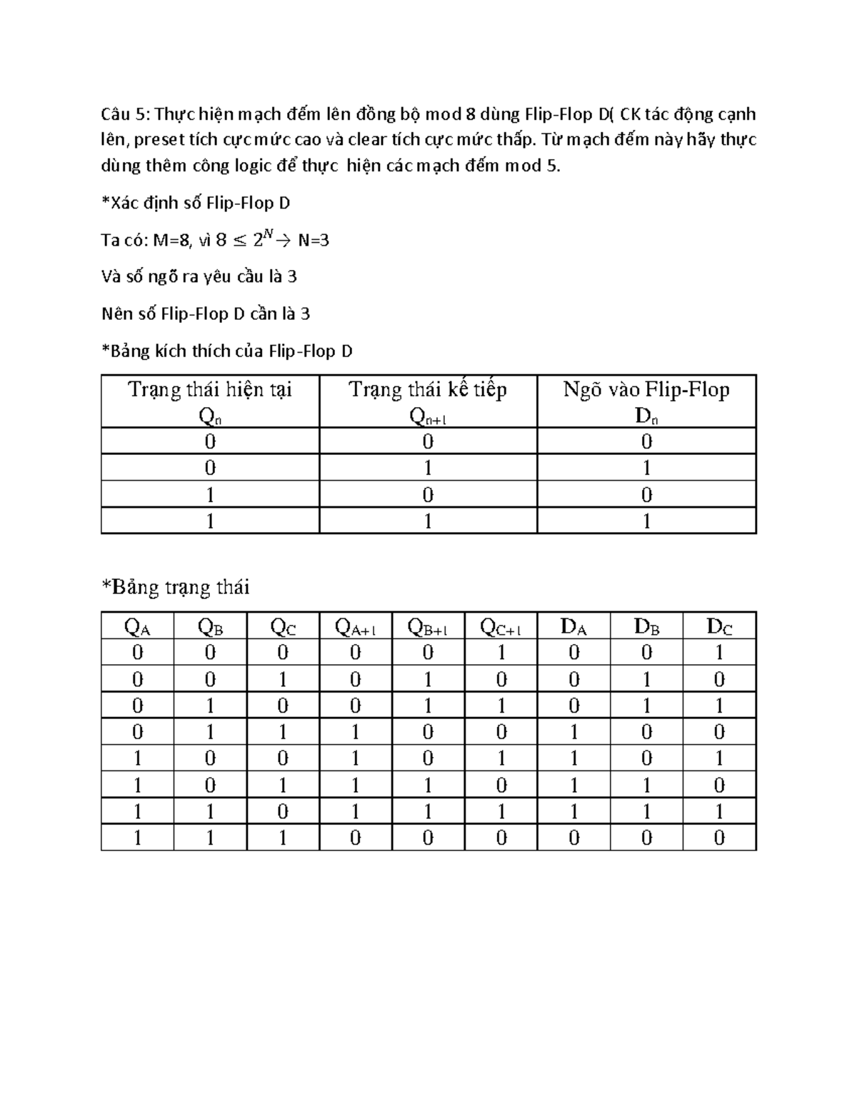 Bai5 kts - khong - Câu 5: Thực hiện mạch đếm lên đồng bộ mod 8 dùng Flip-Flop D( CK tác động ...