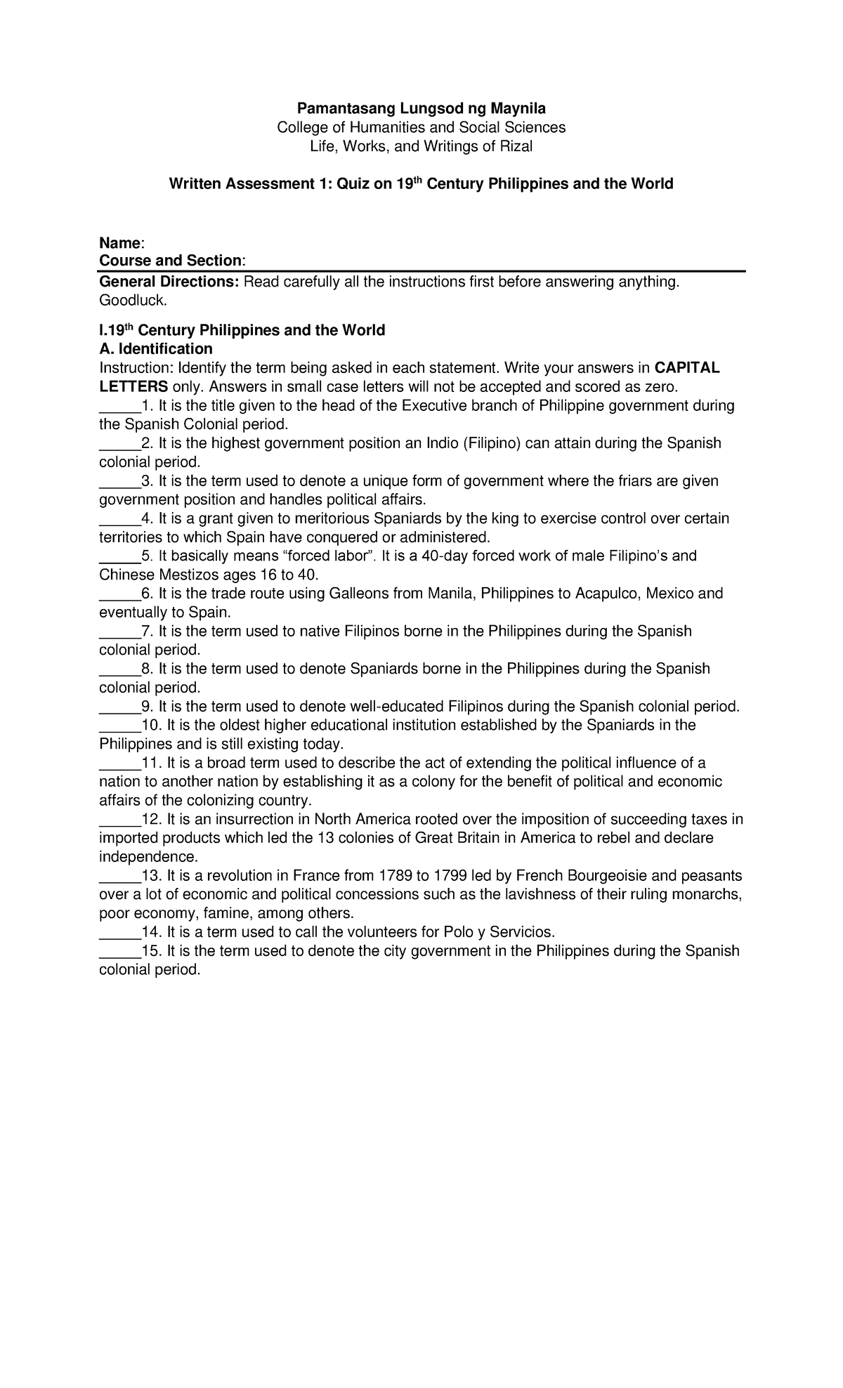 Written Assessment 1 Quiz on 19th Century Philippines and the World ...