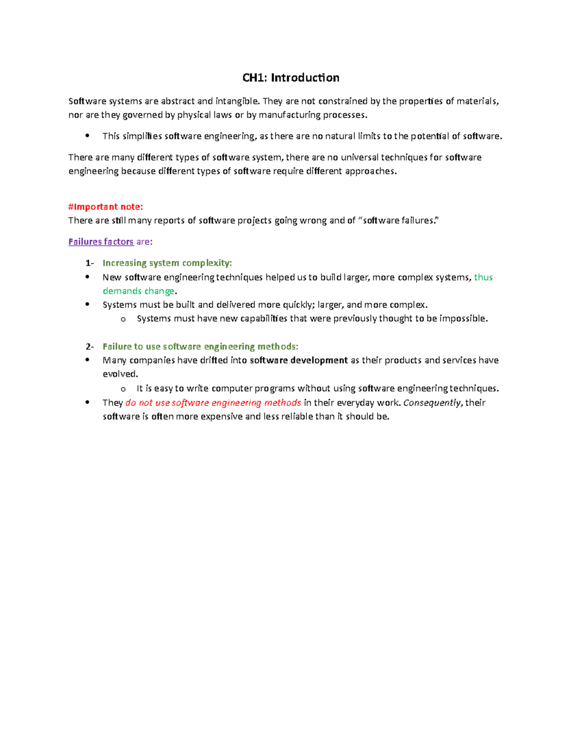 CH1 SE - software engineering summray - CH1: Introduction Software ...