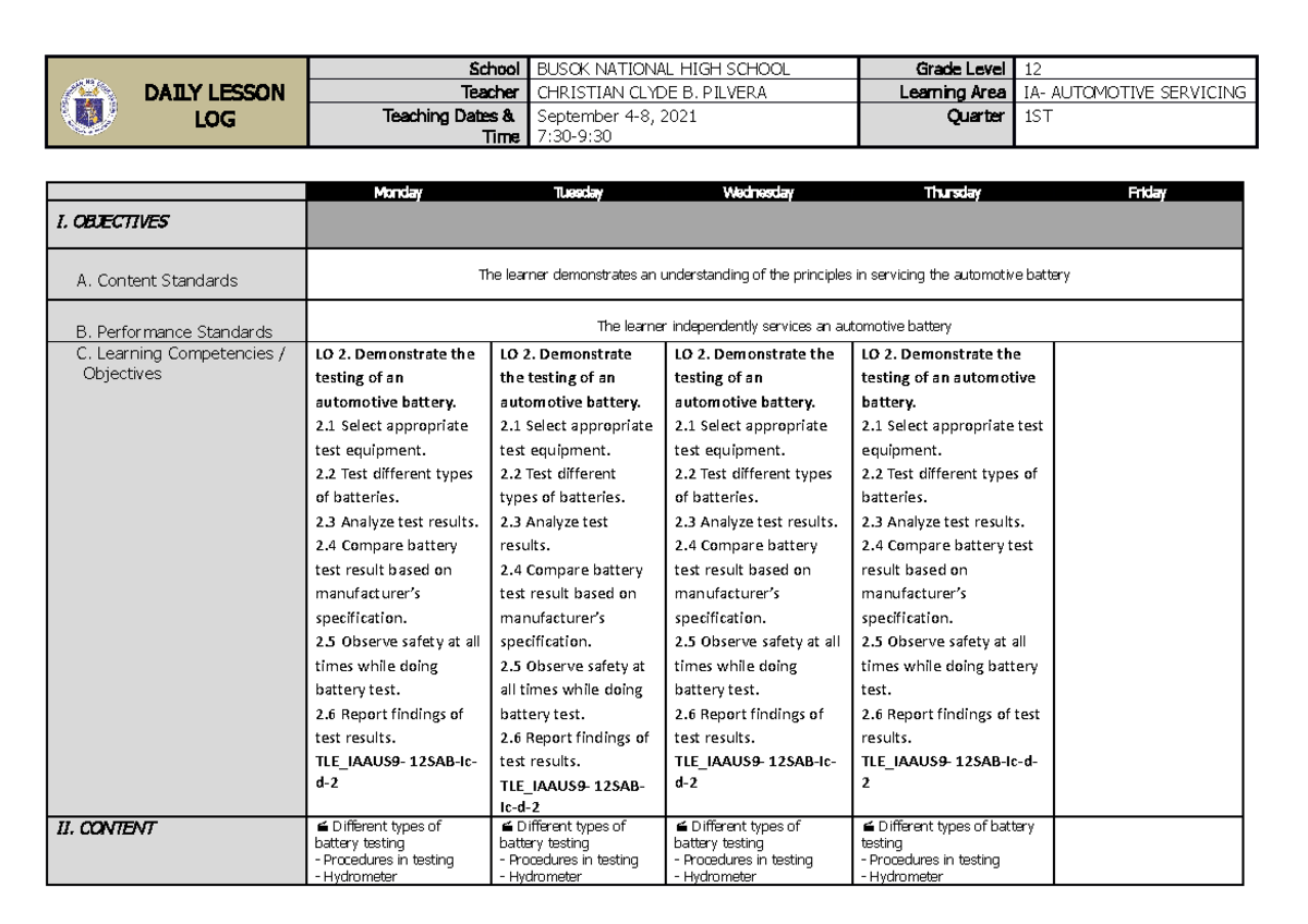 ATS 12 DLL WEEK 2 - daily lesson log - DAILY LESSON LOG School BUSOK ...