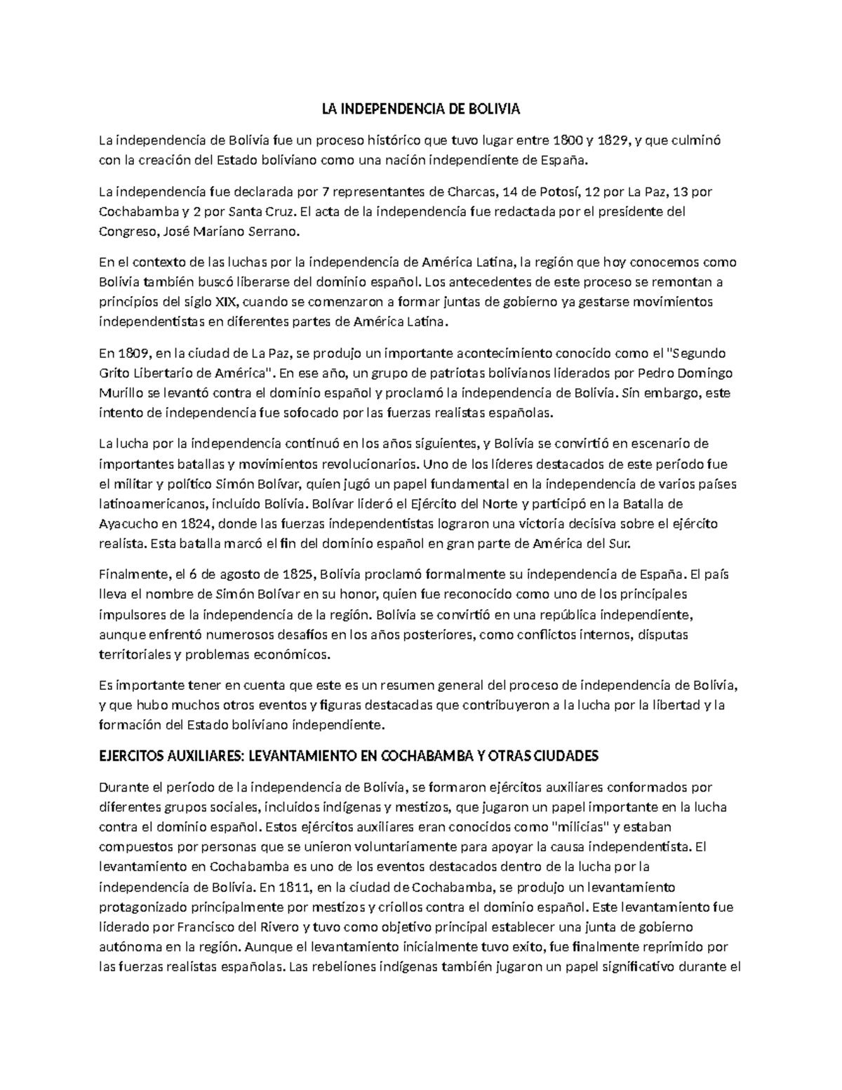 LA Independencia DE Bolivia - LA INDEPENDENCIA DE BOLIVIA La ...