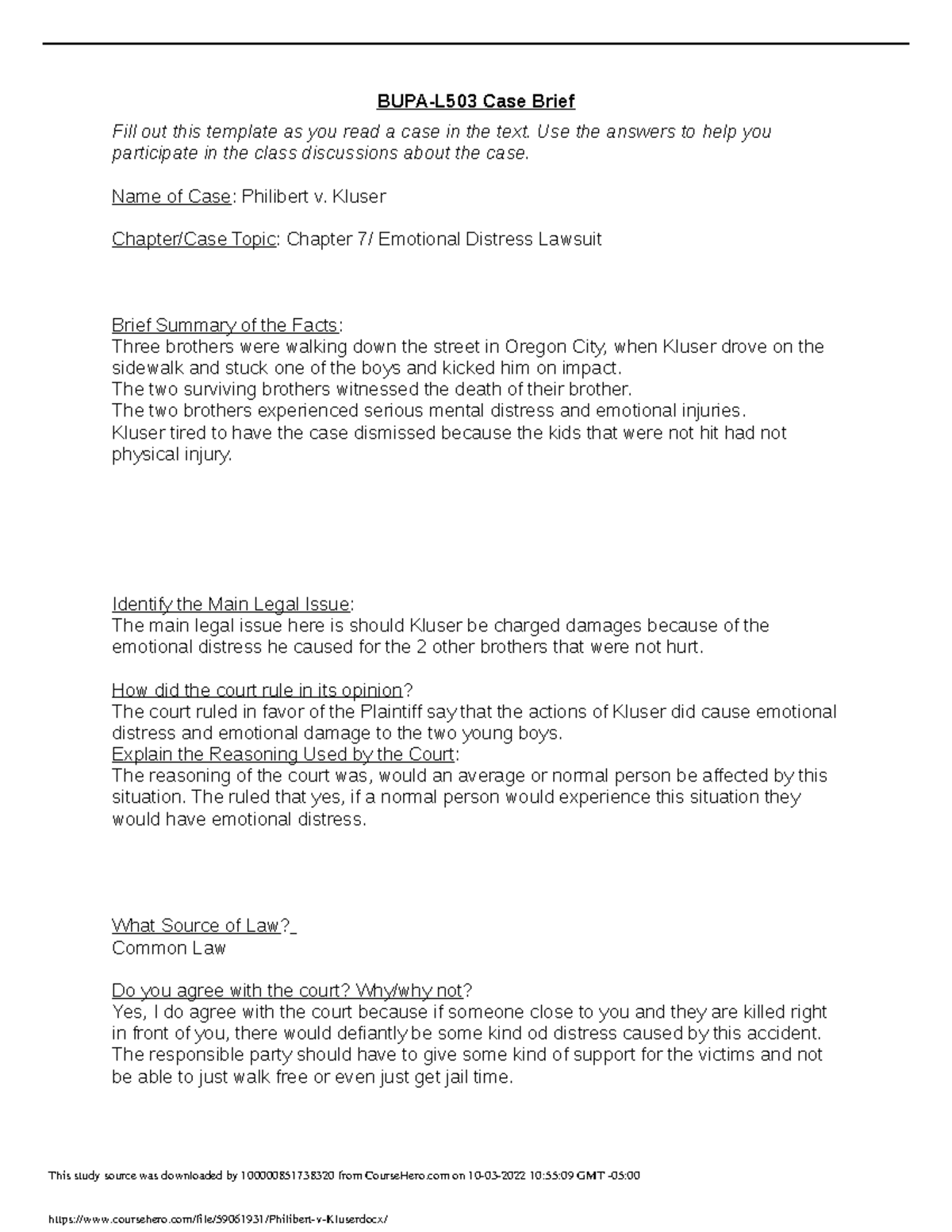 Philibert v - BUSINESS - BUPA-L503 Case Brief Fill out this template as you read a case in the ...