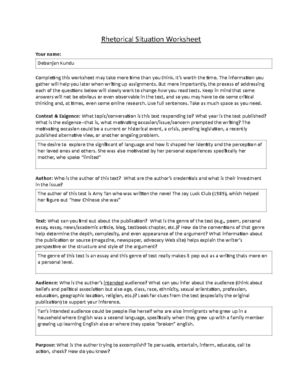 Rhetorical Situation Worksheet for Mother Tounge by Amy Tan ...
