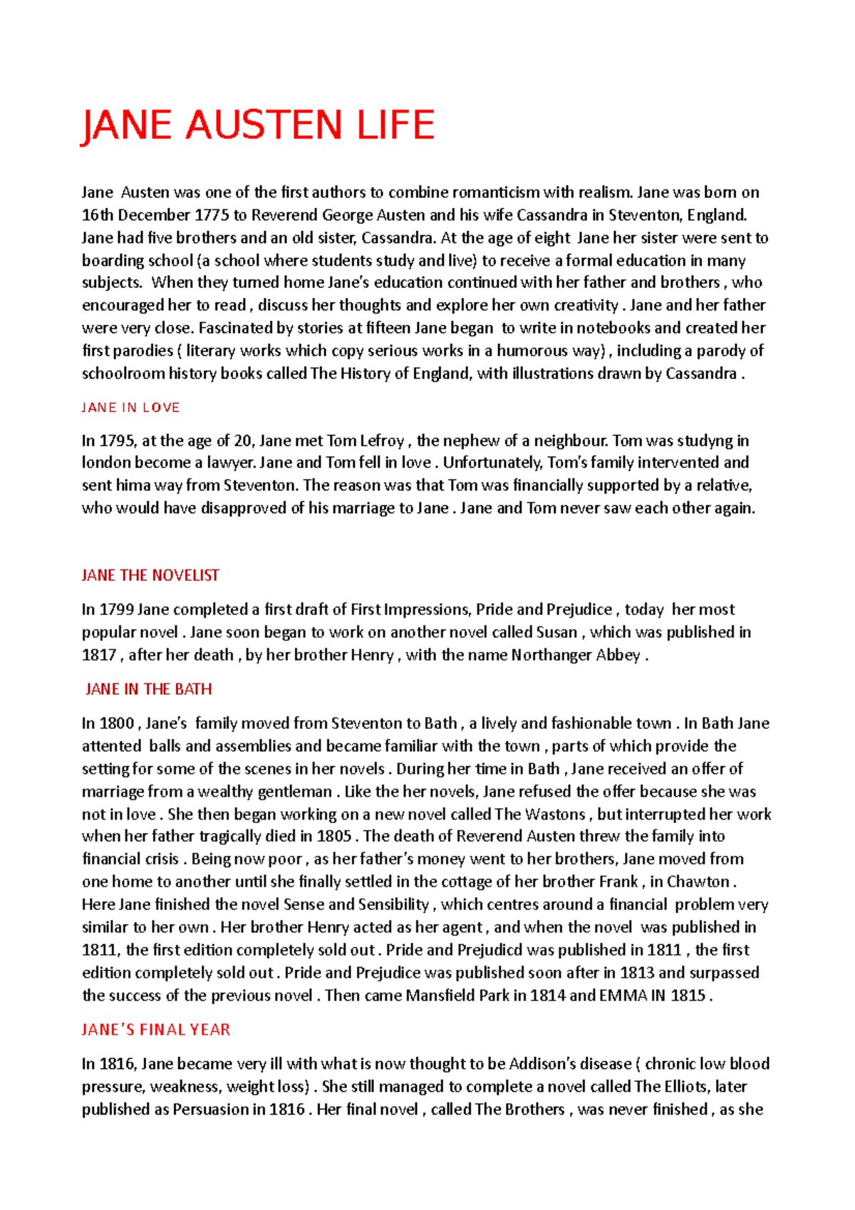 JANE Austen LIFE - ..... - JANE AUSTEN LIFE Jane Austen was one of the ...