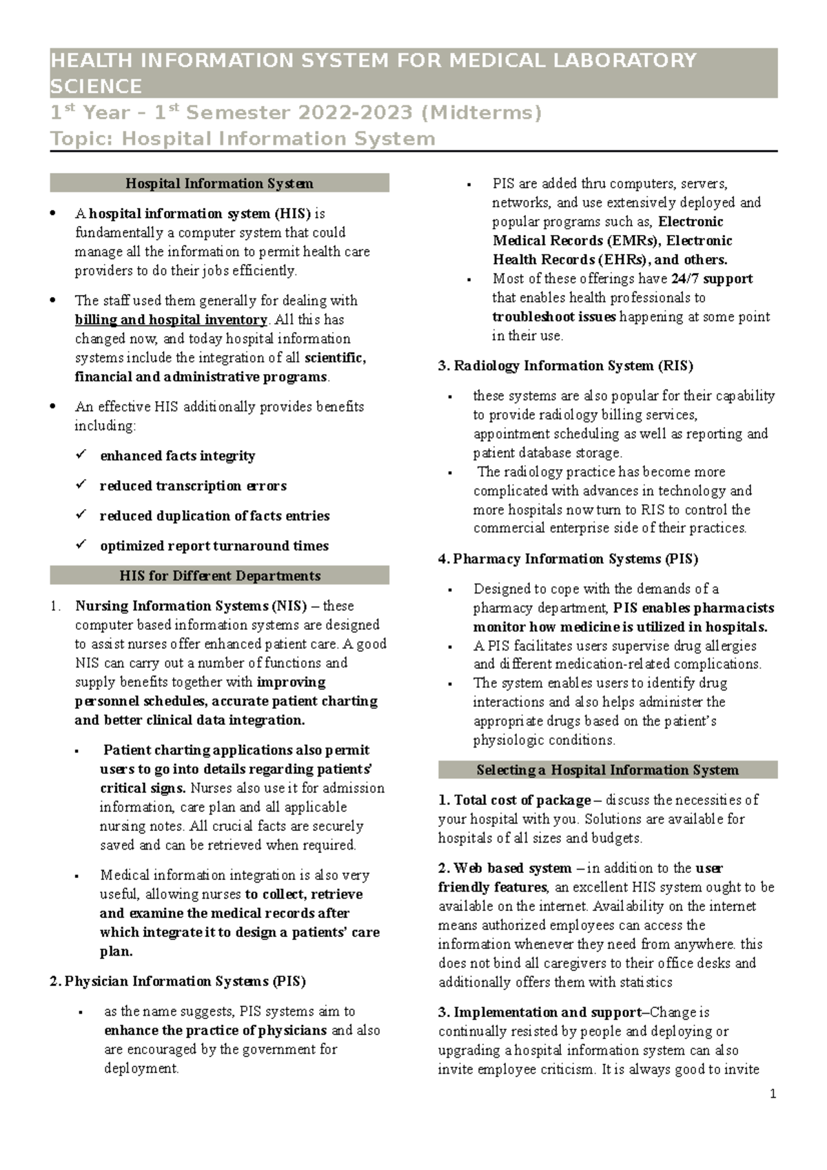 WEEK 9 Hospital Information System - SCIENCE 1 st Year – 1st Semester ...