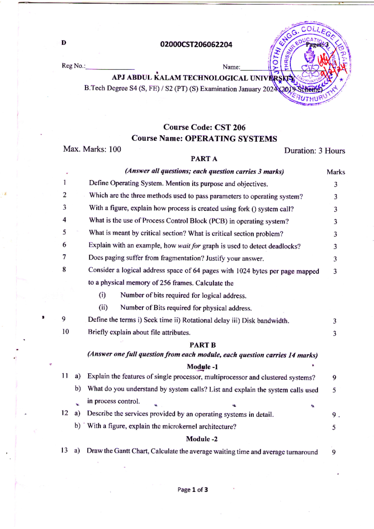 CST206 Operating Systems, January 2024 - D RegNo.: 0200ocsT t APJ ABDUL KALAM TECHNOLOGICAL B ...