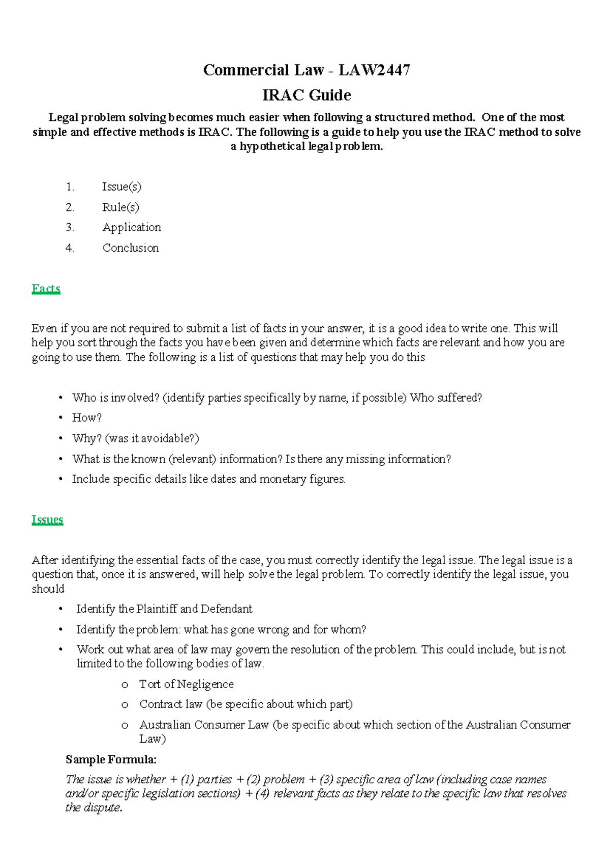IRAC Guide - LAW2447 - Commercial Law - LAW IRAC Guide Legal problem ...