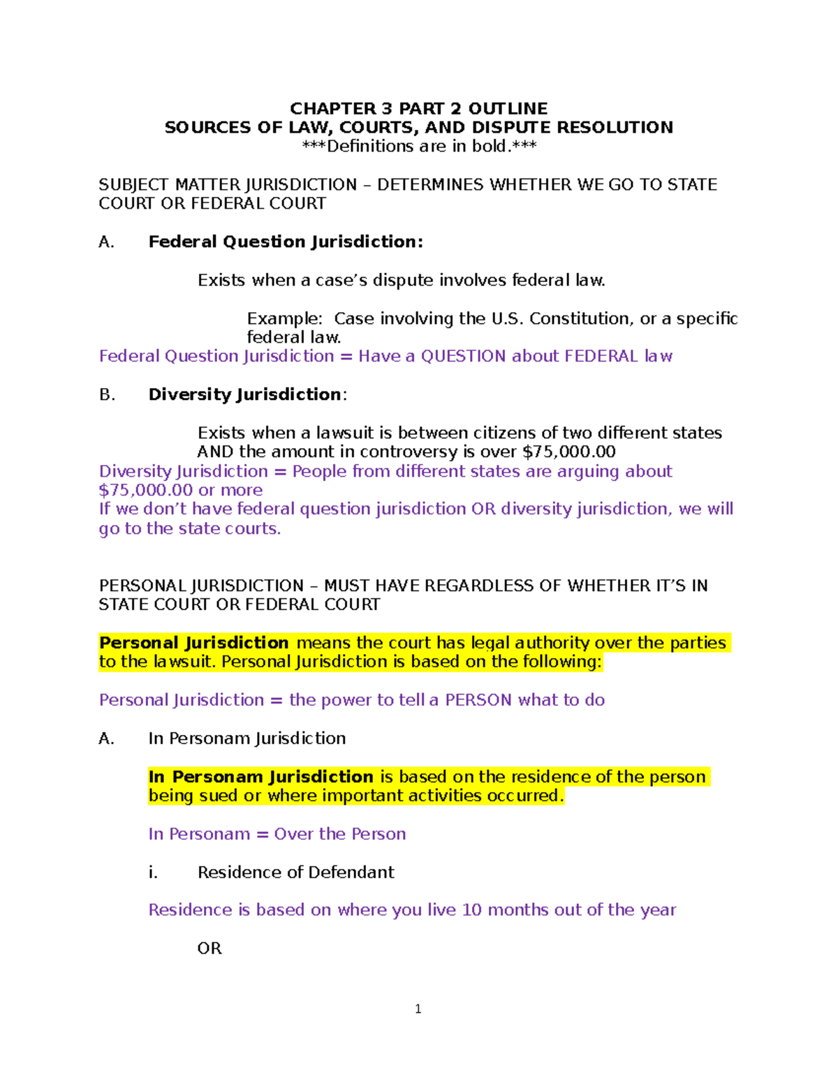 Chapter 3 Part 2 Outline Entrepreneur Law - CHAPTER 3 PART 2 OUTLINE SOURCES OF LAW, COURTS, AND ...