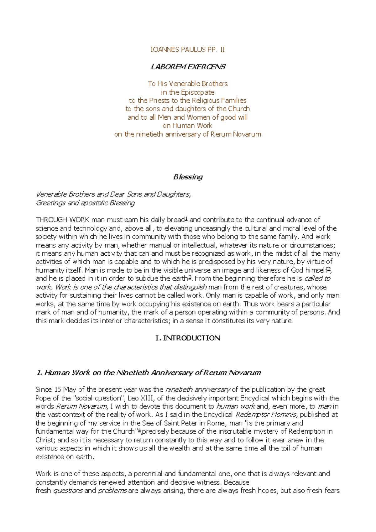 John Paul II-Laborem Exercens - IOANNES PAULUS PP. II LABOREM EXERCENS ...
