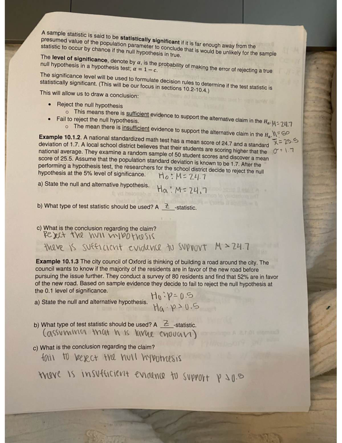 Stats Chp 10 pg 3 - level of significance, examples, 10.1.2 and 10.1.3 ...