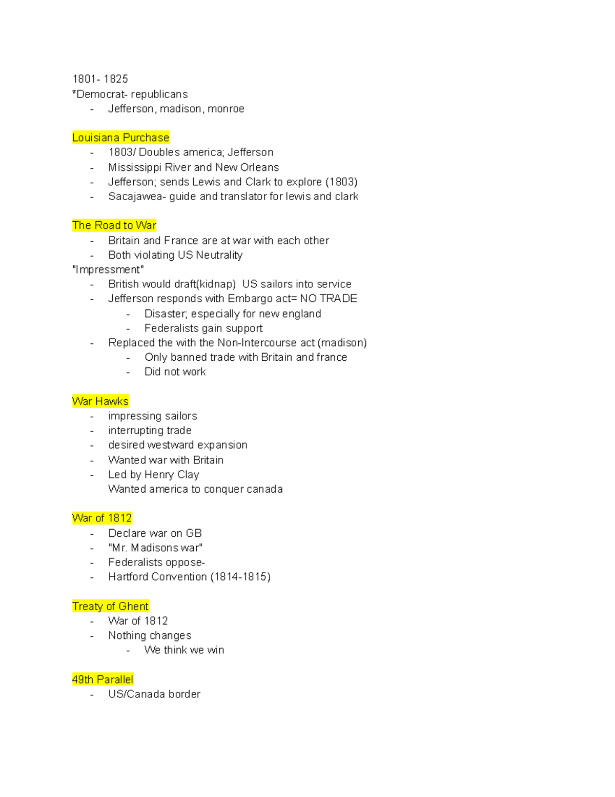 Unit 4 history notes - 1801- 1825 *Democrat- republicans - Jefferson ...