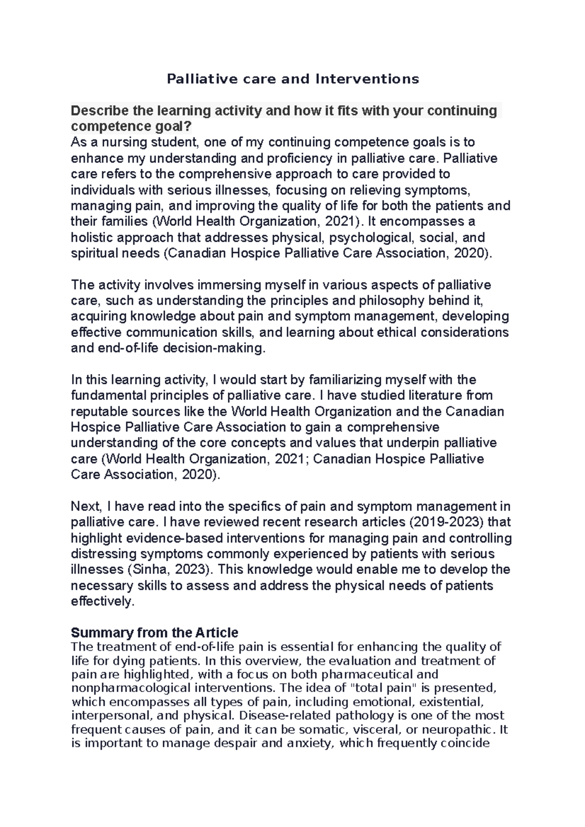 Palliative care - notes - Palliative care and Interventions Describe ...