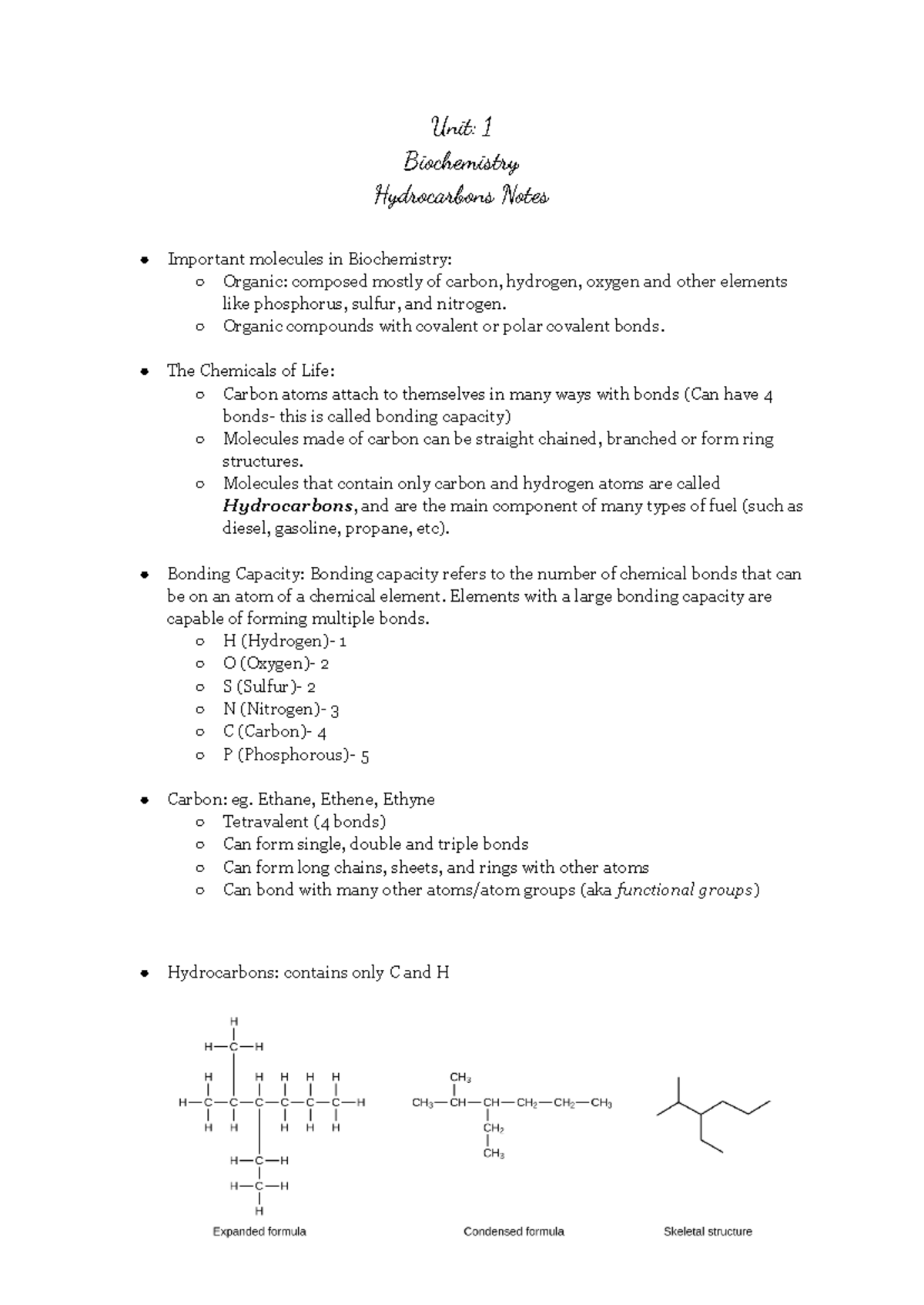SCH4U Unit 1 Hydrocarbons Notes - Unit: 1 Biochemistry Hydrocarbons ...