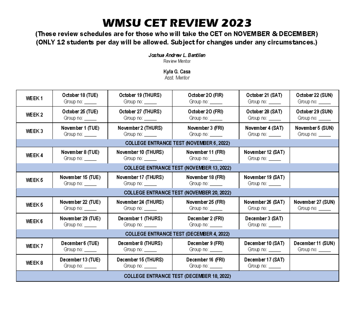 WMSU CET Review 2023 Schedules Nov - WMSU CET REVIEW 2023 (These review ...