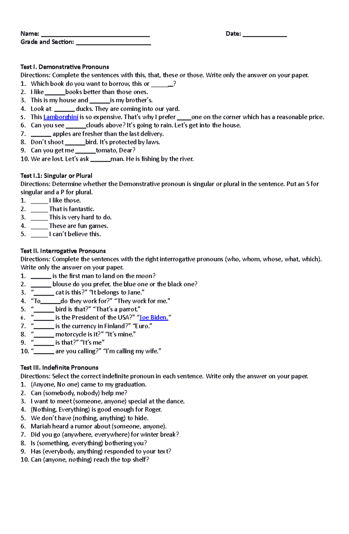 Types of pronouns long quiz - Name ...