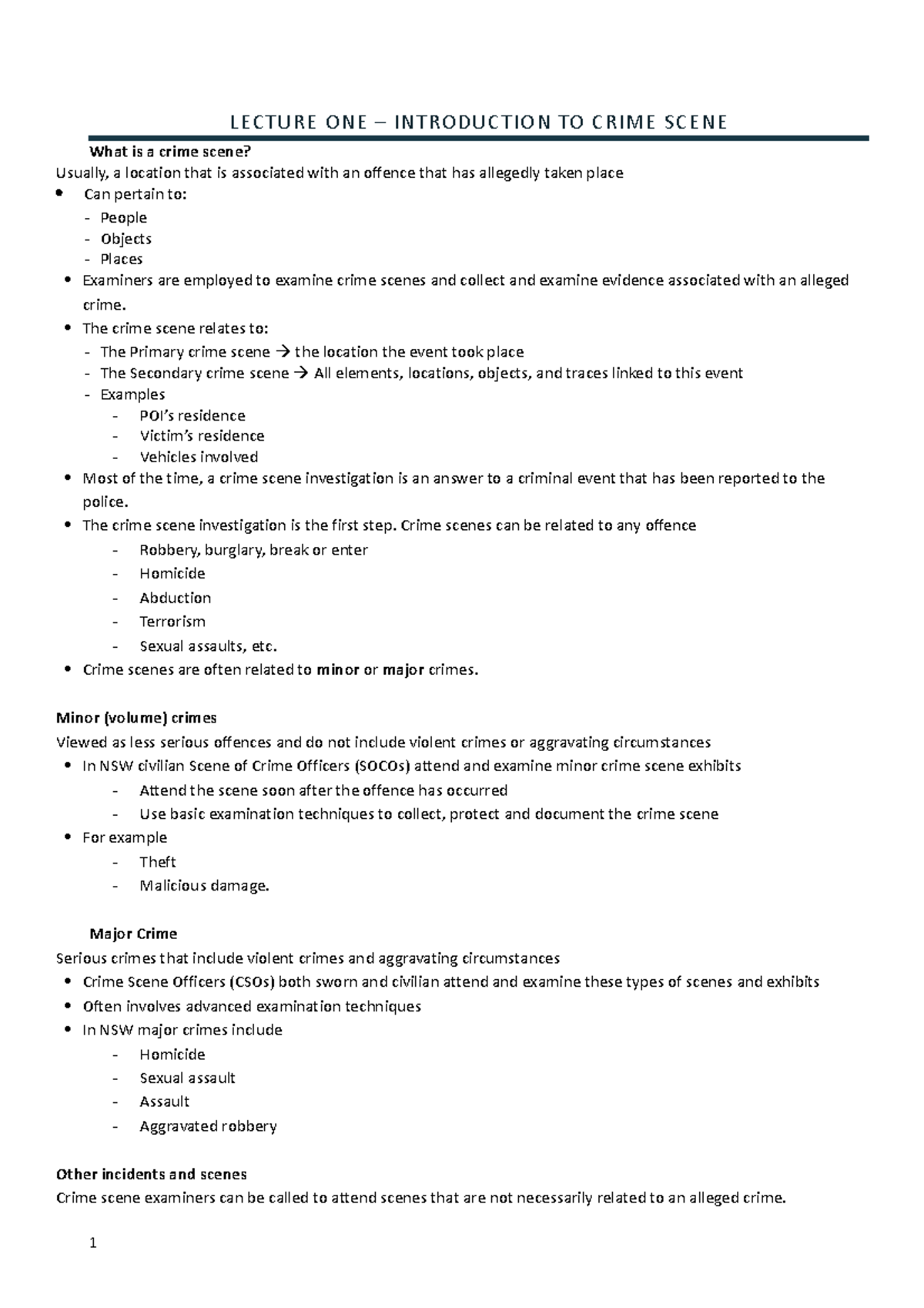 PFS Science component - LECTURE ONE – INTRODUCTION TO CRIME SCENE What ...
