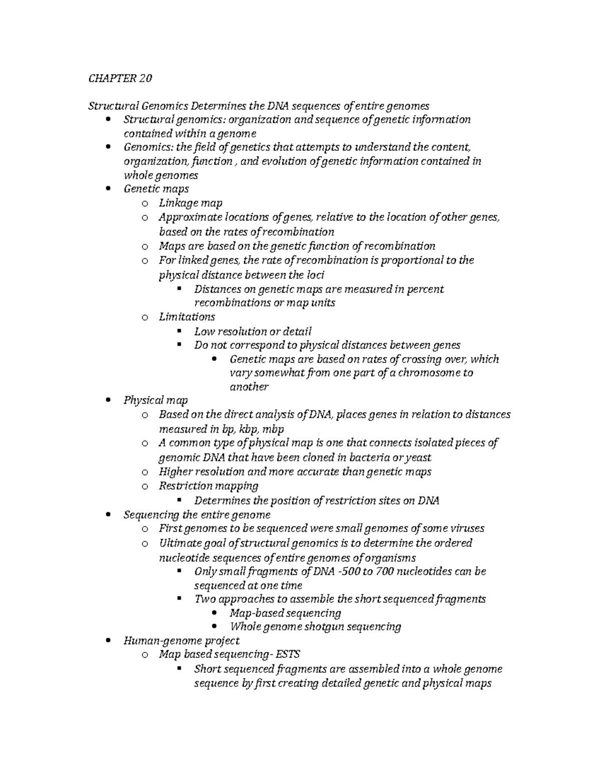 FInal Notes - CHAPTER 20 Structural Genomics Determines the DNA ...