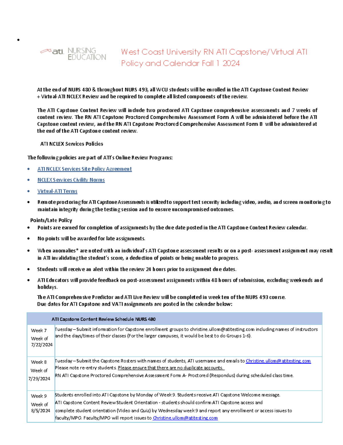 ATI Capstone Schedule - • West Coast University RN ATI Capstone/Virtual ...