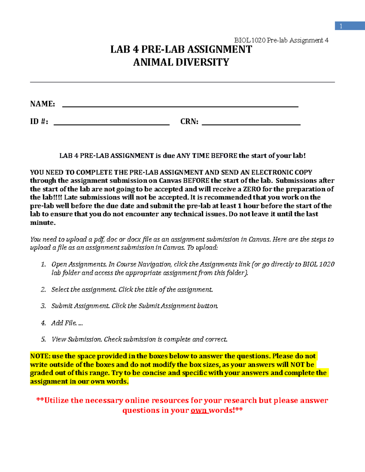 Lab 4 Pre-lab assignment-1 - LAB 4 PRE-LAB ASSIGNMENT ANIMAL DIVERSITY NAME: ID #: CRN: LAB 4 ...