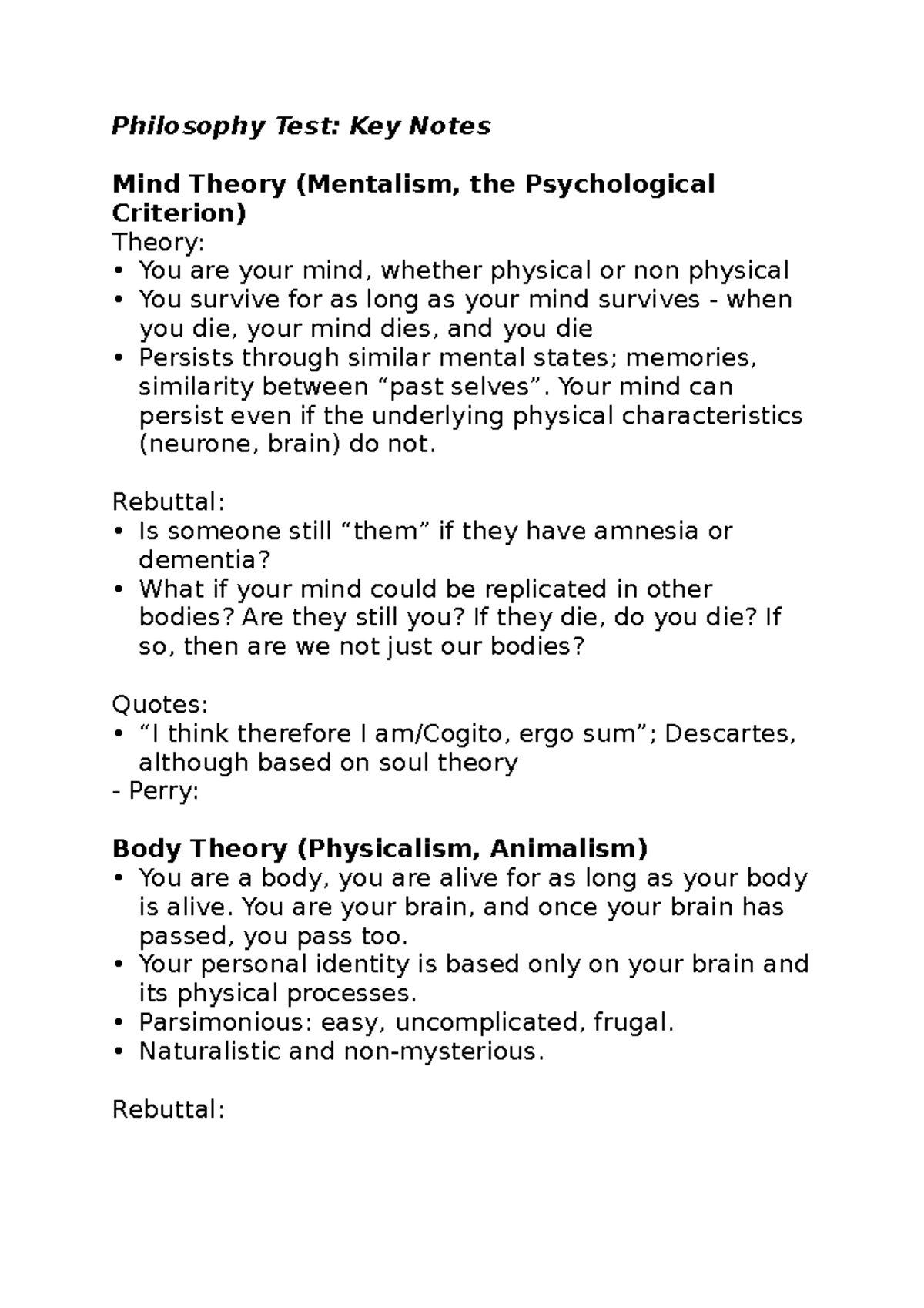 Test study PHIL104 - Philosophy Test: Key Notes Mind Theory (Mentalism ...