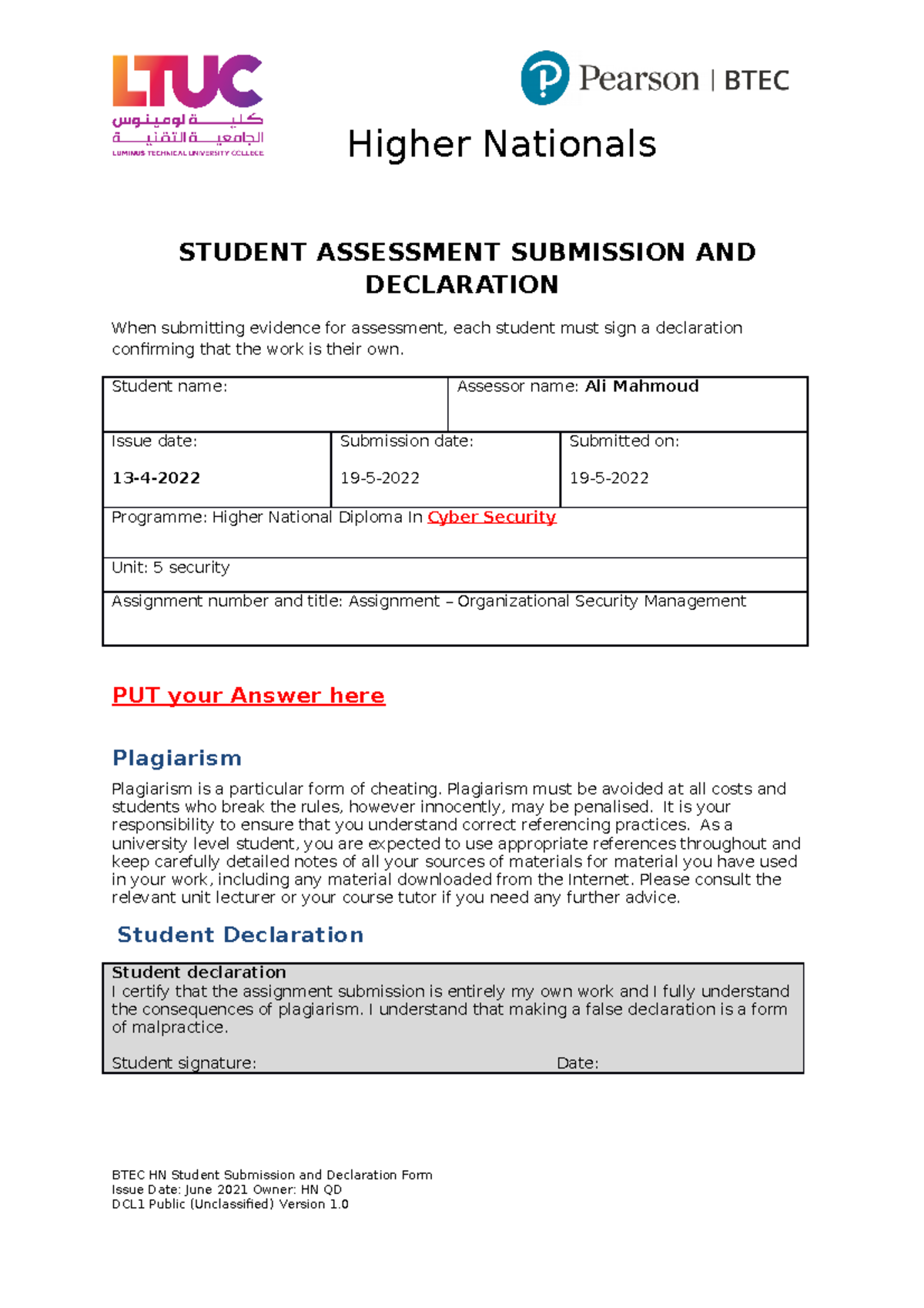 Student Assessment Submission and Declaration (1) - Higher Nationals STUDENT ASSESSMENT ...