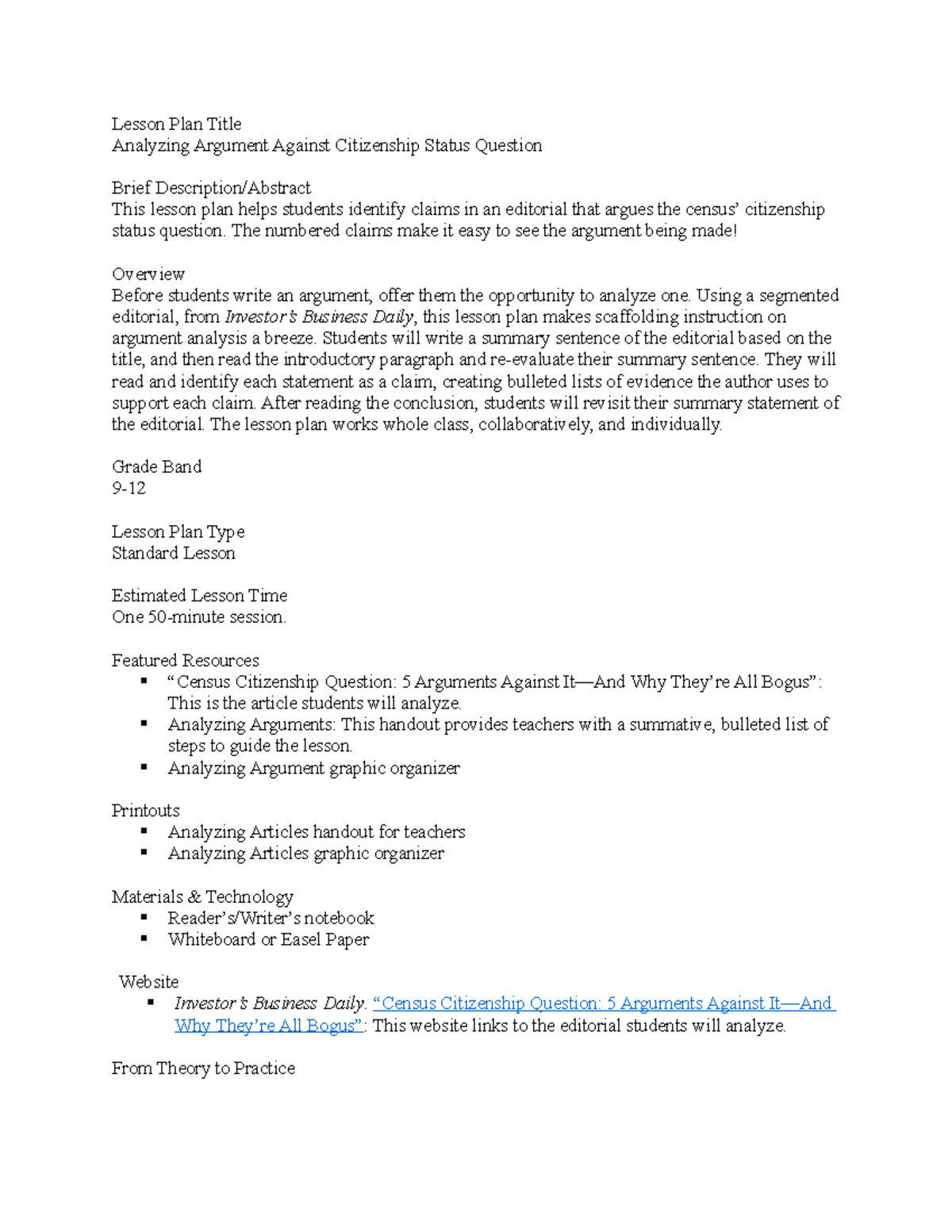 Lesson plan analyze argument - Lesson Plan Title Analyzing Argument ...