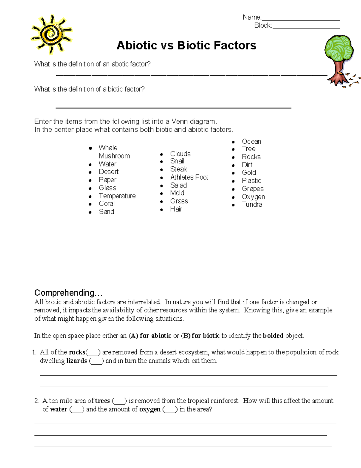 Unit 5 - Abiotic vs Biotic Factors - Google Docs - Name ...