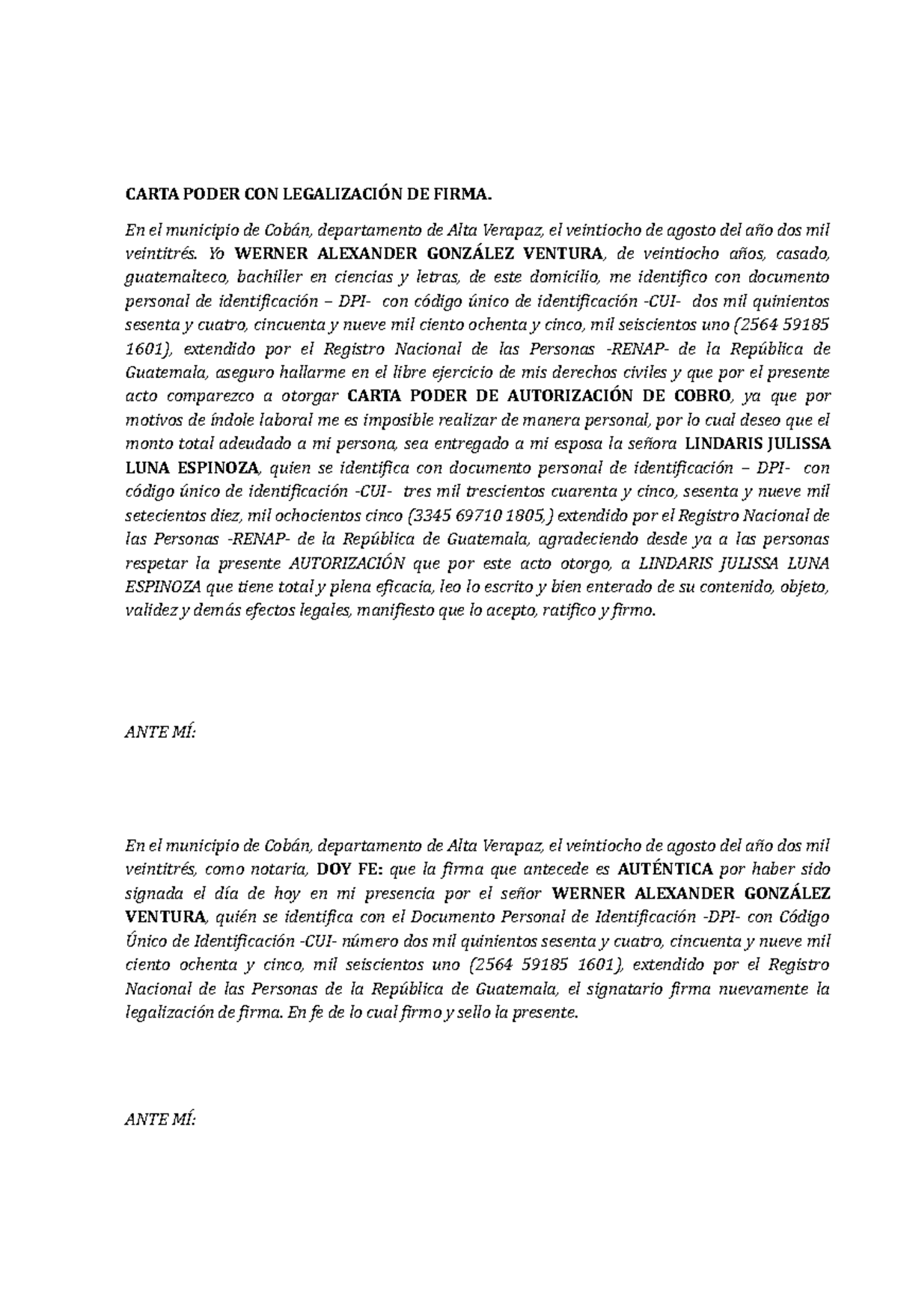 Carta Poder - CARTA PODER CON LEGALIZACIÓN DE FIRMA. En el municipio de ...