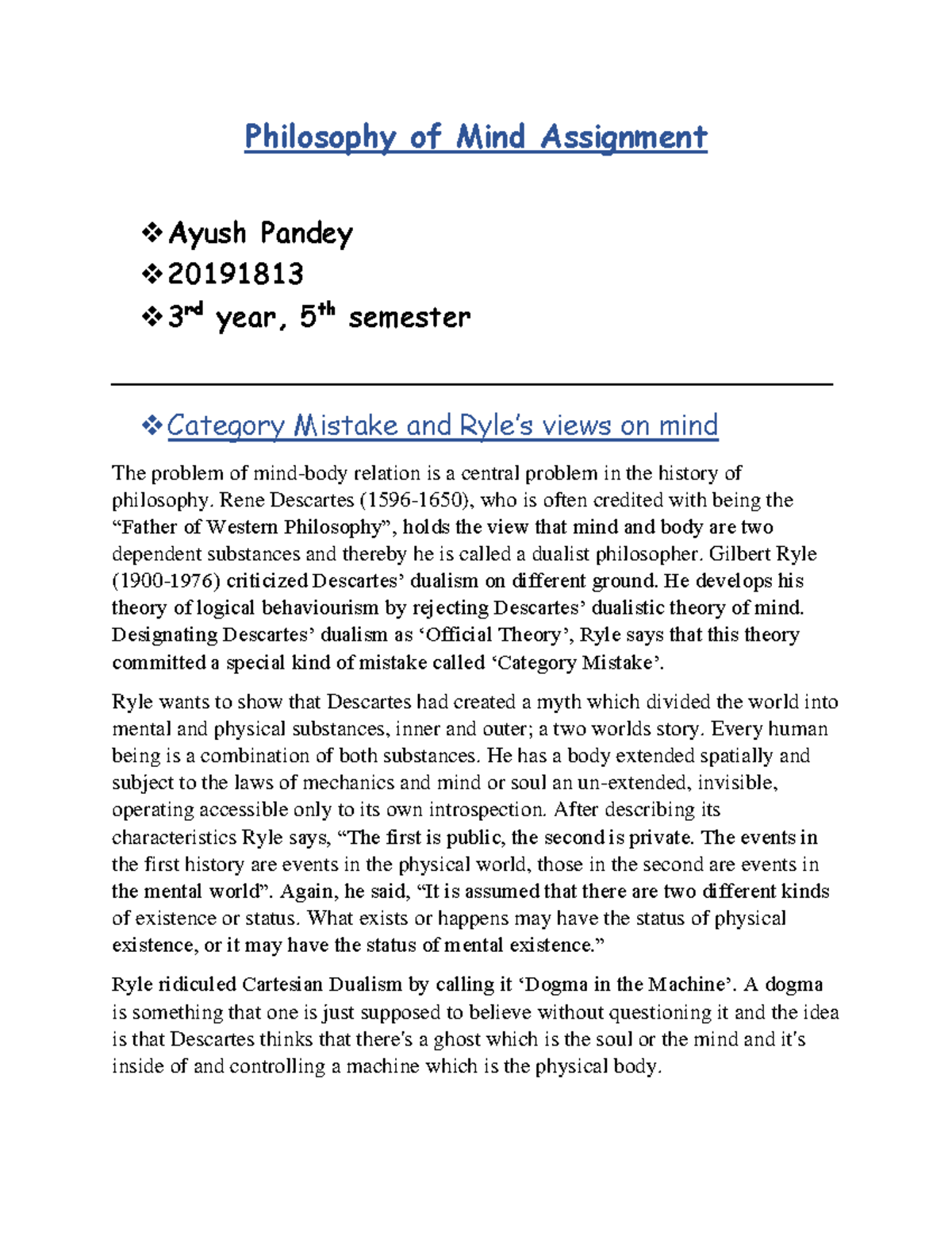 Philosophy of Mind Assignment on Category Mistake - Philosophy of Mind ...