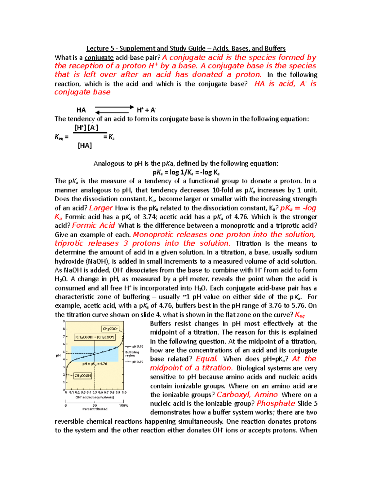 Acids, bases, buffers - Study guide - Lecture 5 Supplement and Study ...