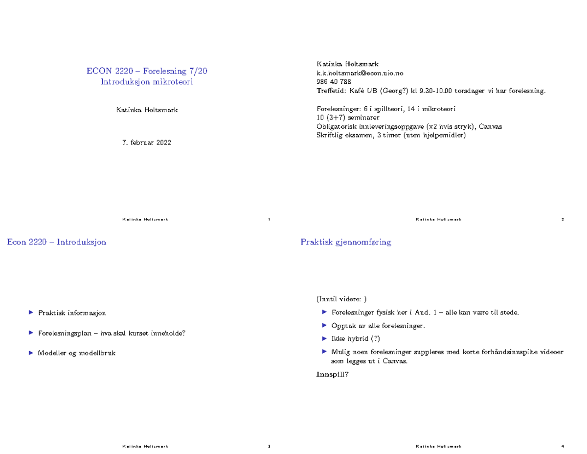 ECON 2220 – Forelesning 7 20 Introduksjon mikroteori - ECON 2220 – Forelesning 7/ Introduksjon ...