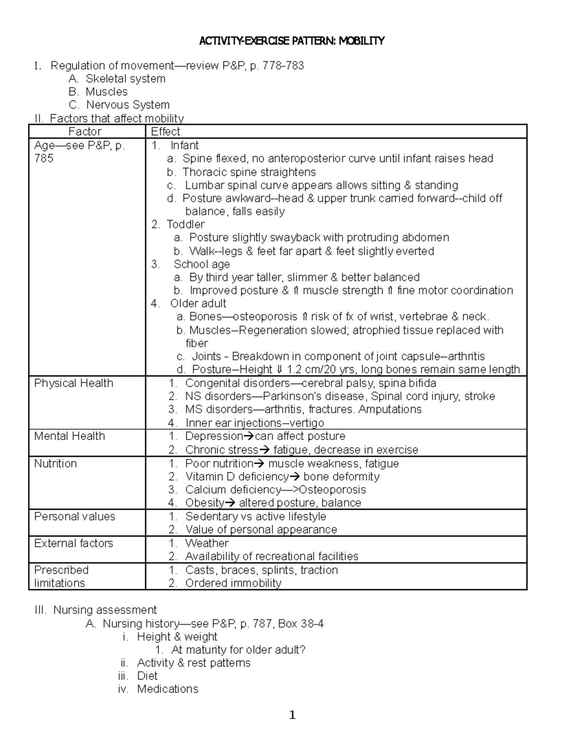 Mobility Notes - ACTIVITY-EXERCISE PATTERN: MOBILITY I. Regulation of ...