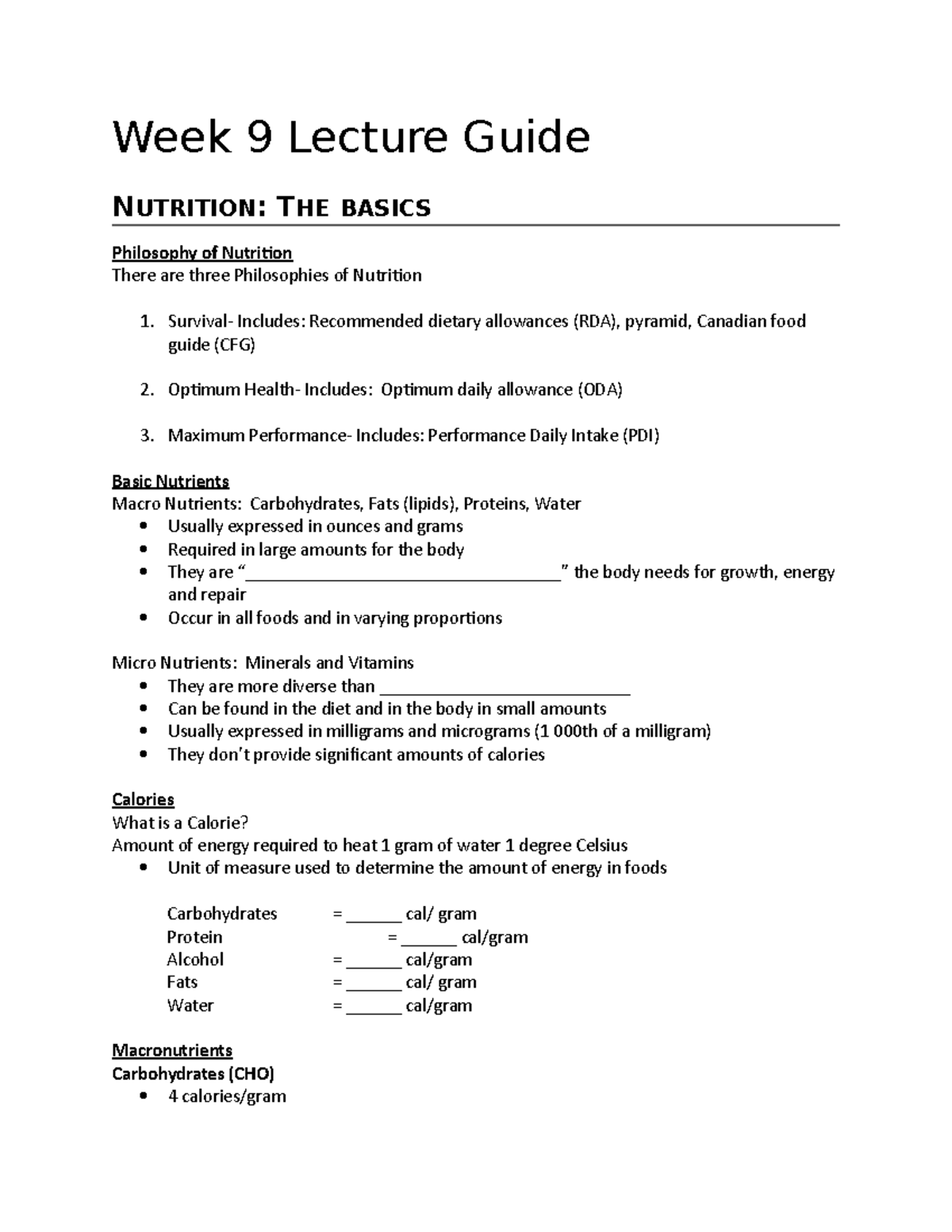 Week+9+Lecture+Guide - Week 9 Lecture Guide NUTRITION: THE BASICS ...