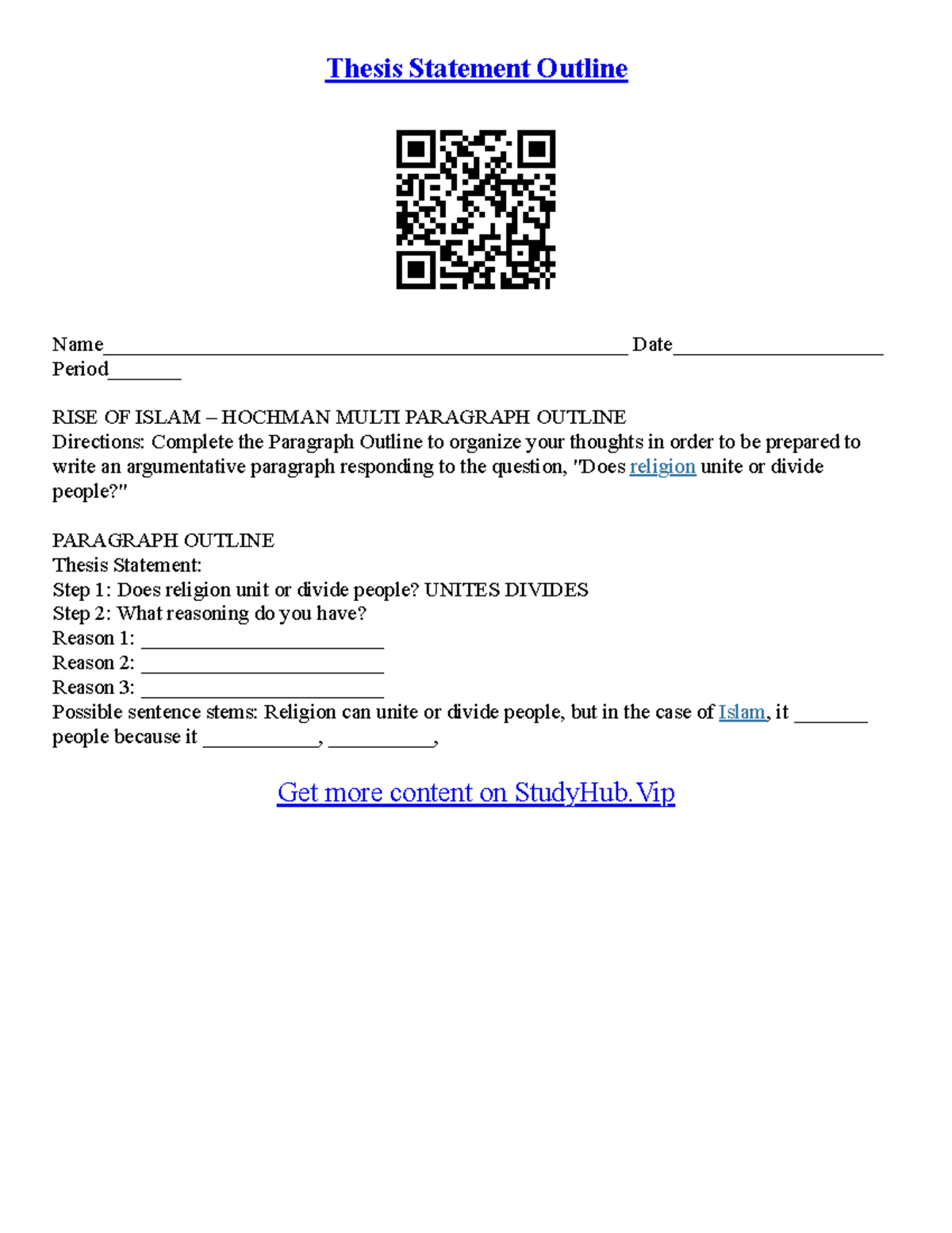 Essay Outline Template - Thesis Statement Outline - Studocu