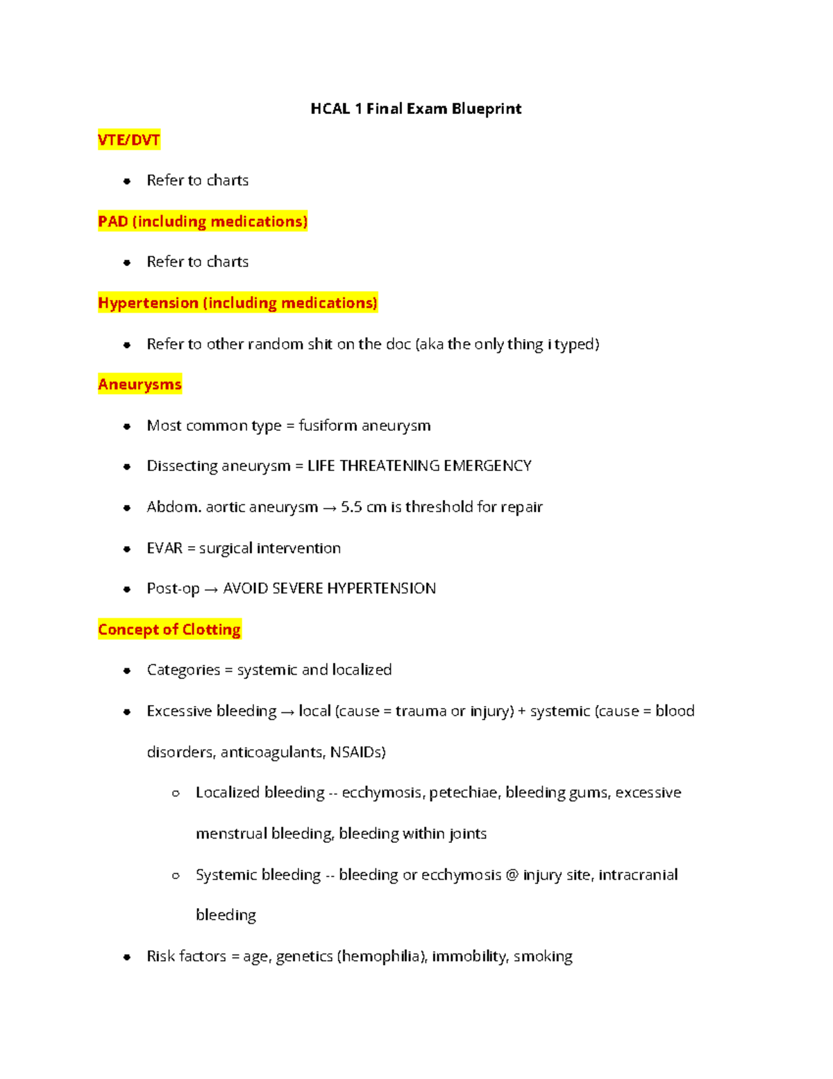 HCAL 1 - Final Exam Blueprint - HCAL 1 Final Exam Blueprint VTE/DVT ...