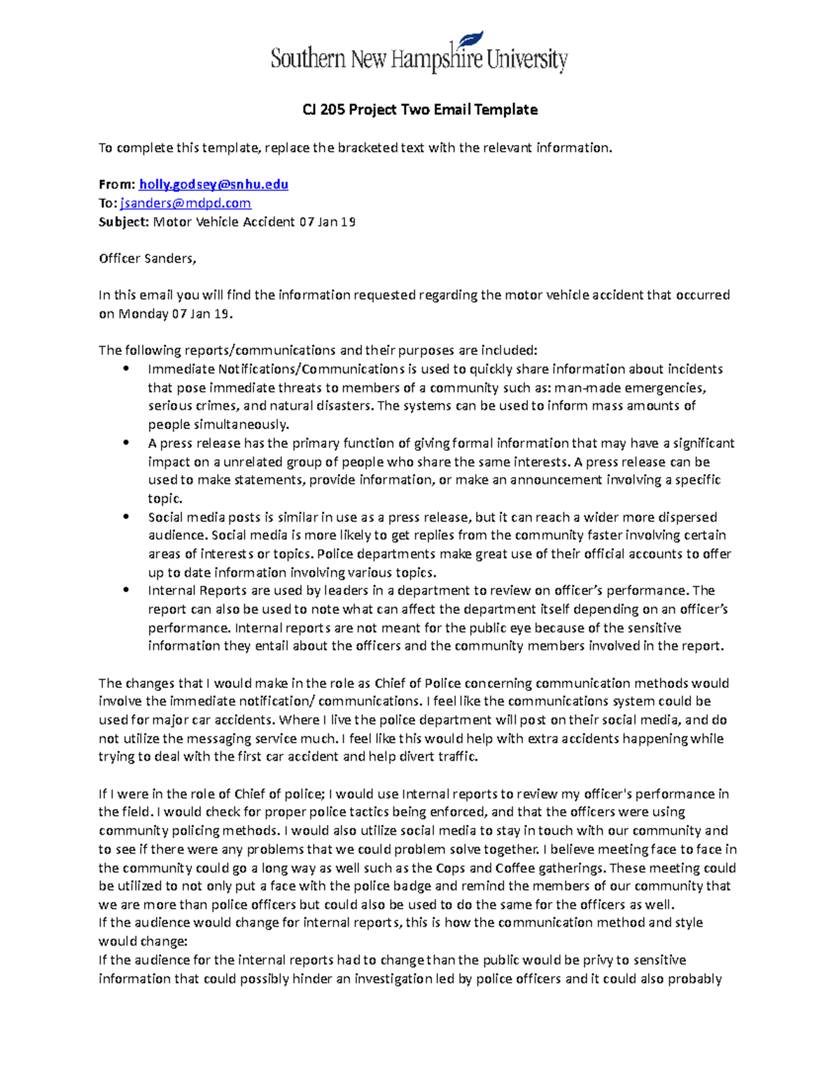 CJ 205 Project Two Email Template - From: holly@snhu To: jsanders@mdpd ...